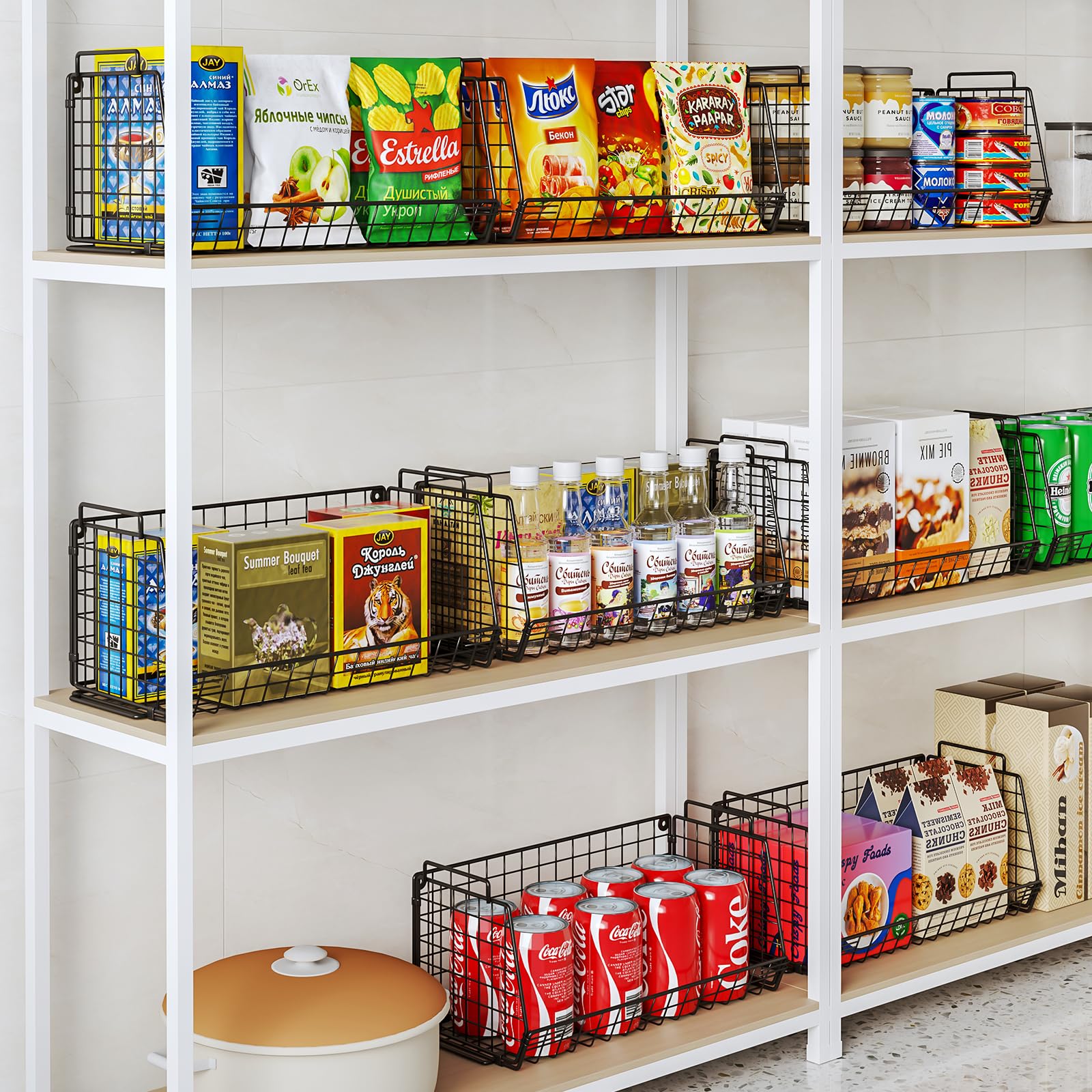 X-cosrack Stackable Pantry Baskets Household Food Storage Organizer with Handles 3 Pack-15.7 Wide, Foldable Snack Rack Stand with Open Front Stacking Farmhouse Bins for Countertop Cabinets Kitchen