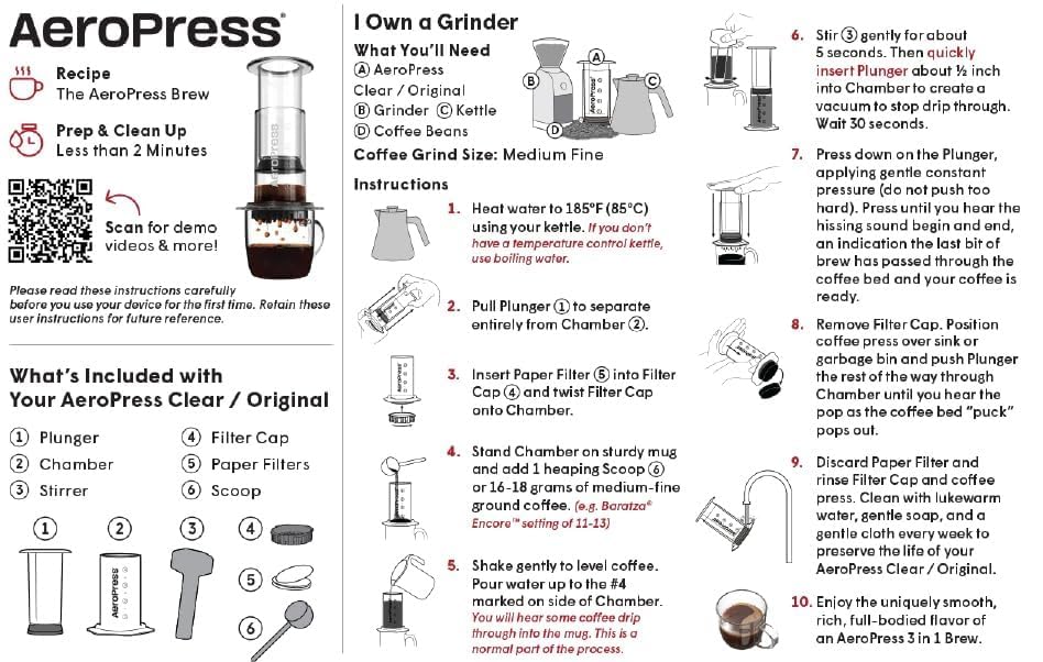 Aeropress Original Coffee and Espresso Maker, Barista Level Portable Coffee Maker with Chamber, Plunger, and Filters, Quick Coffee and Espresso Maker, Made in USA