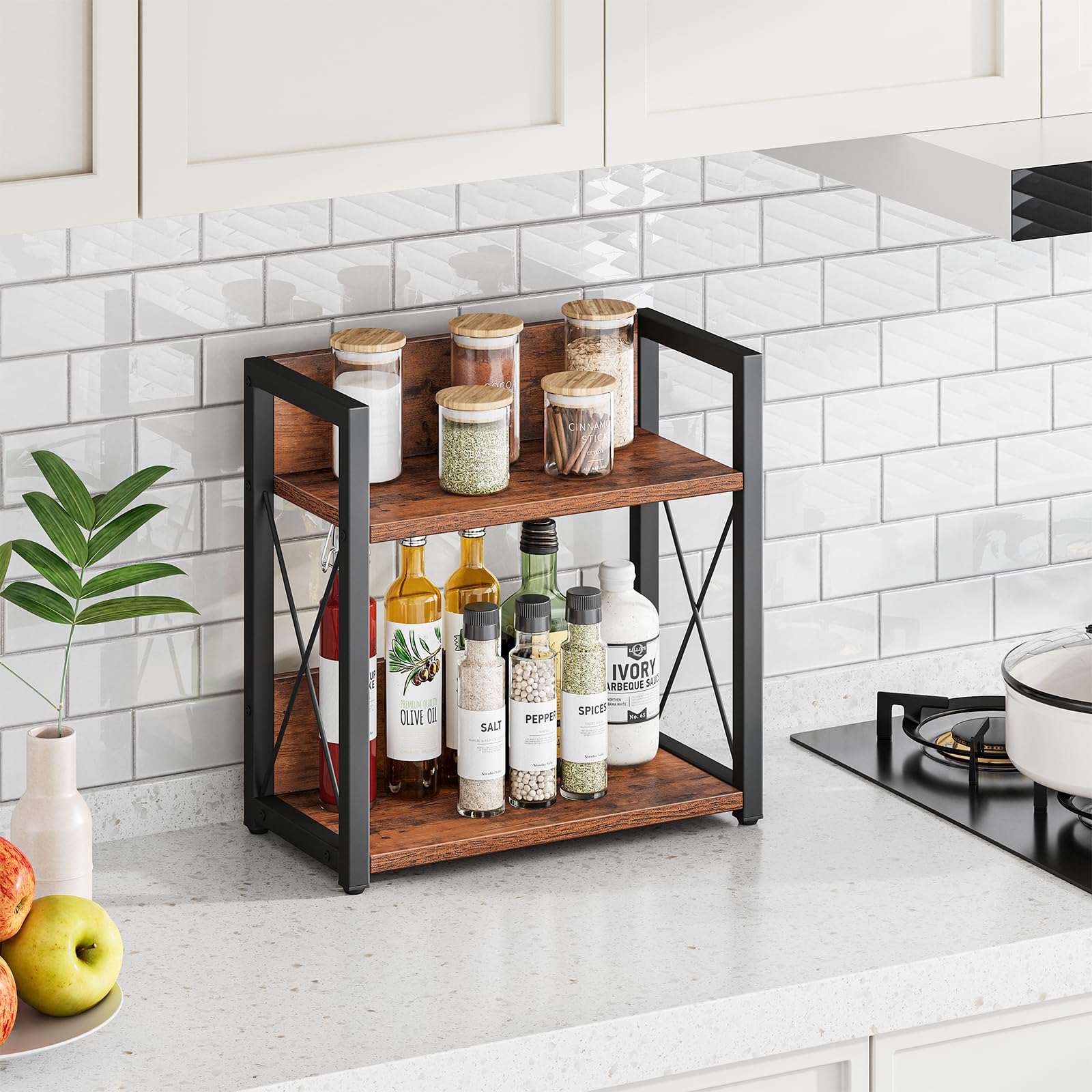 Giikin Counter Shelf Organizer, 2 Tier Kitchen Spice Rack for Countertop, Wood Coffee Counter Organizer for Home (Rustic Brown)