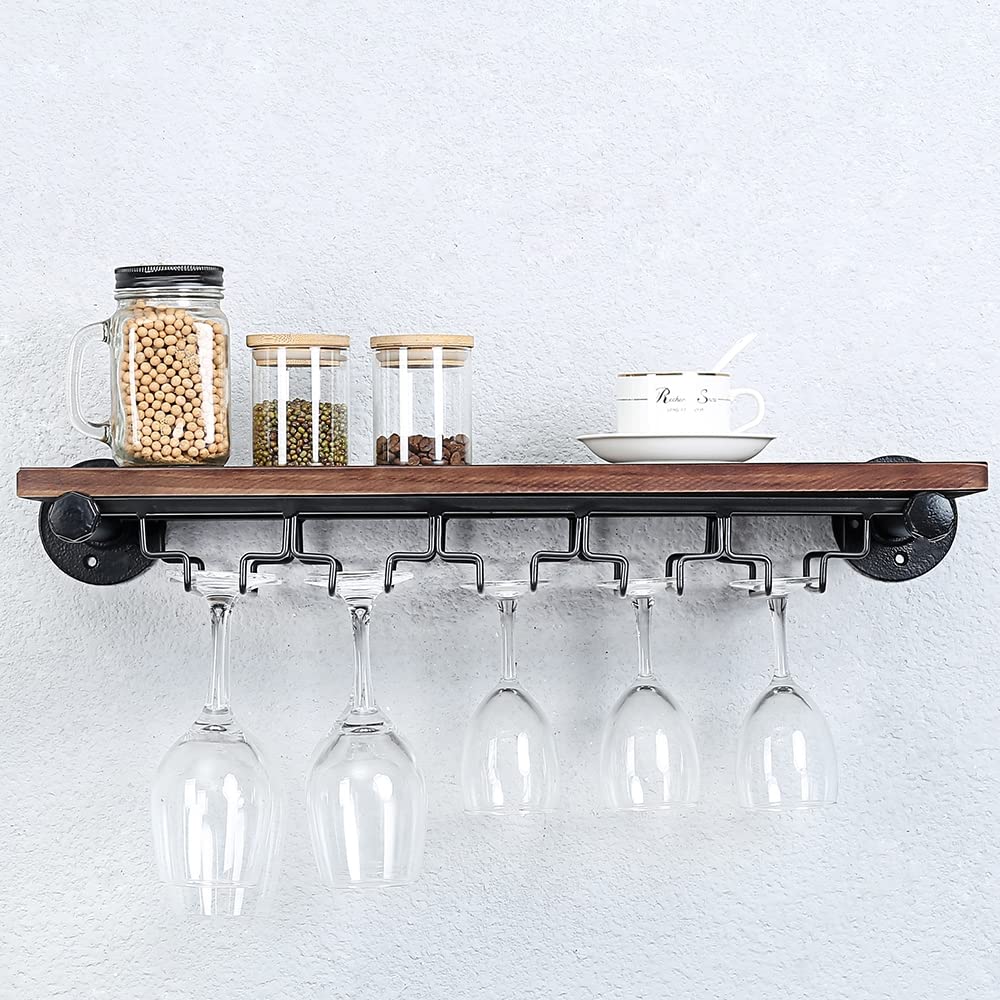Industrial Pipe Shelving Hanging Stemware Racks,Rustic Wall Mounted Wine Rack with 5 Glass Holder,24in Steampunk Iron Floating Bar Shelves,Metal Real Wood Shelf Wall Shelf Stemware Holder