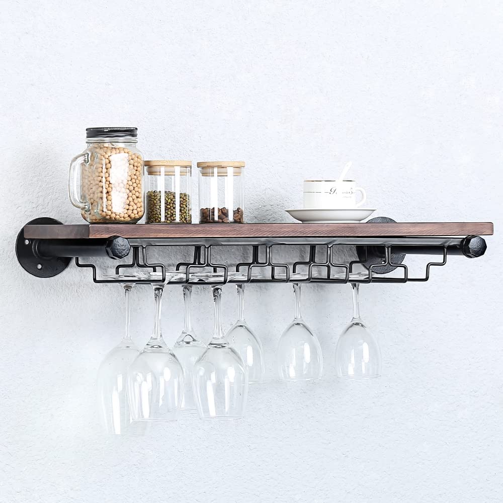 Industrial Pipe Shelving Hanging Stemware Racks,Rustic Wall Mounted Wine Rack with 5 Glass Holder,24in Steampunk Iron Floating Bar Shelves,Metal Real Wood Shelf Wall Shelf Stemware Holder