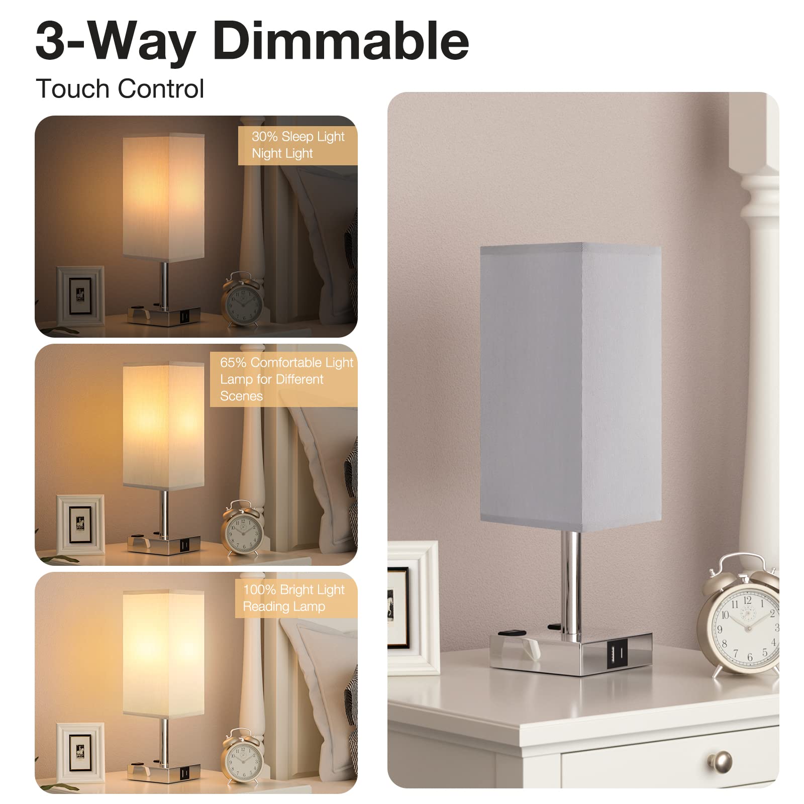 aooshine Bedside Lamp with USB Port - Touch Control Table Lamp for Bedroom with USB C+A Charging Ports & AC Outlets, 3-Way Dimmable Nightstand Lamp for Living Room Office(LED Bulb Included)
