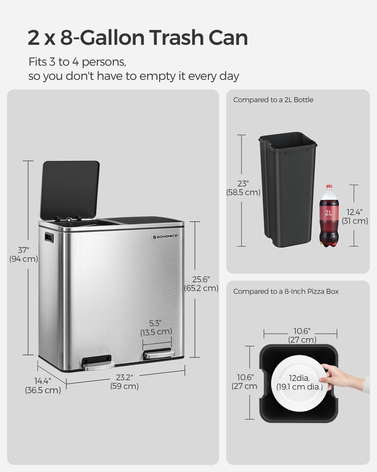 SONGMICS Trash Can, 2 x 8-Gallon Garbage Can for Kitchen, with 15 Trash Bags, 2 Compartments, Plastic Inner Buckets and Hinged Lids, Airtight, Silver and Black ULTB60NL