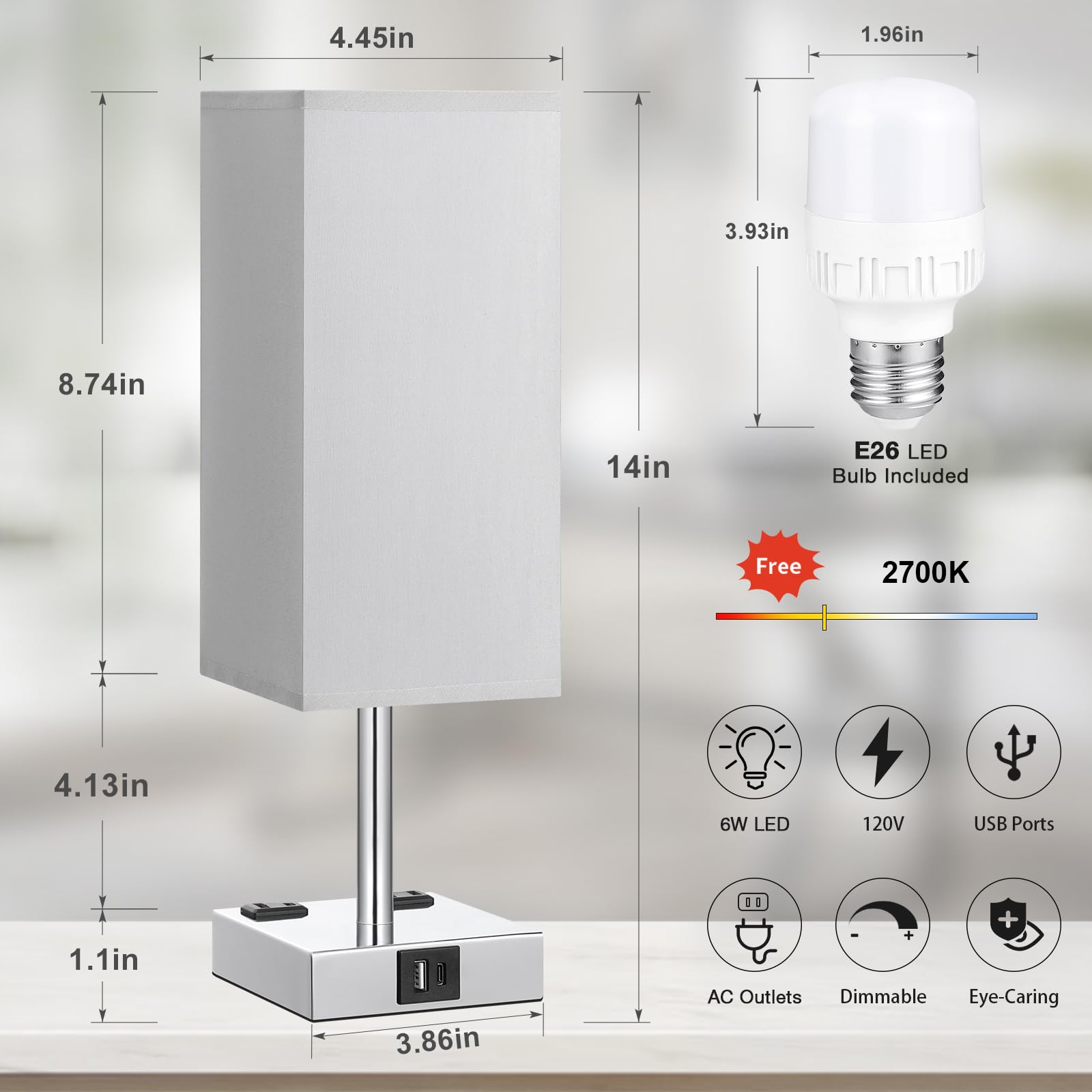 aooshine Bedside Lamp with USB Port - Touch Control Table Lamp for Bedroom with USB C+A Charging Ports & AC Outlets, 3-Way Dimmable Nightstand Lamp for Living Room Office(LED Bulb Included)