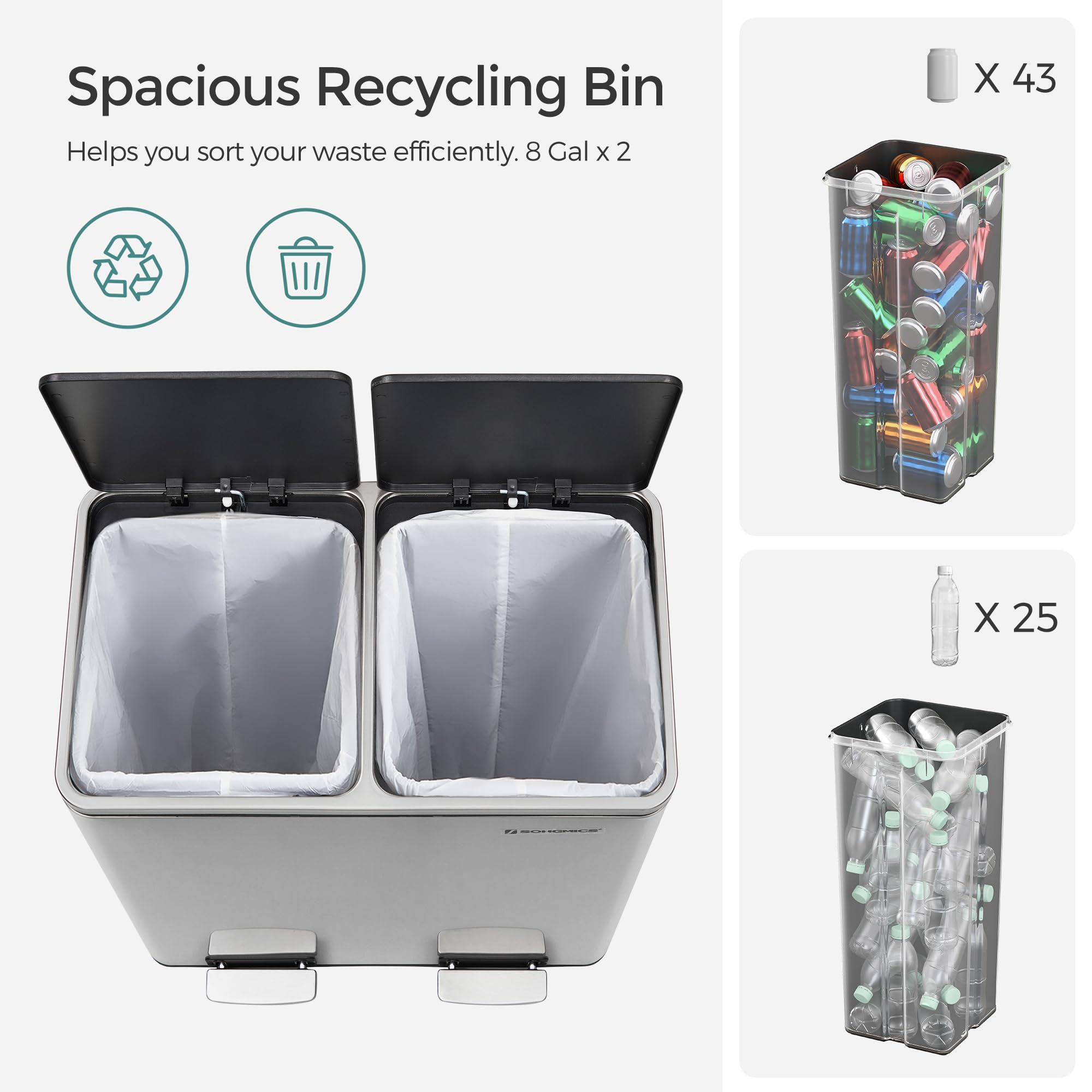 SONGMICS Trash Can, 2 x 8-Gallon Garbage Can for Kitchen, with 15 Trash Bags, 2 Compartments, Plastic Inner Buckets and Hinged Lids, Airtight, Silver and Black ULTB60NL