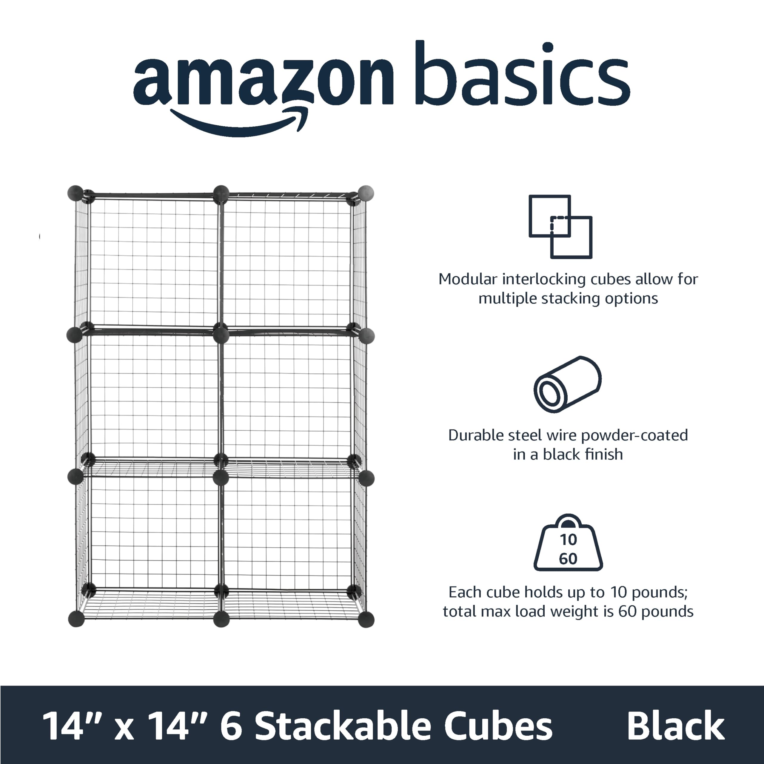 Amazon Basics 6-Cube Wire Grid Storage Shelves, 14" x 14" Stackable Cubes, Black