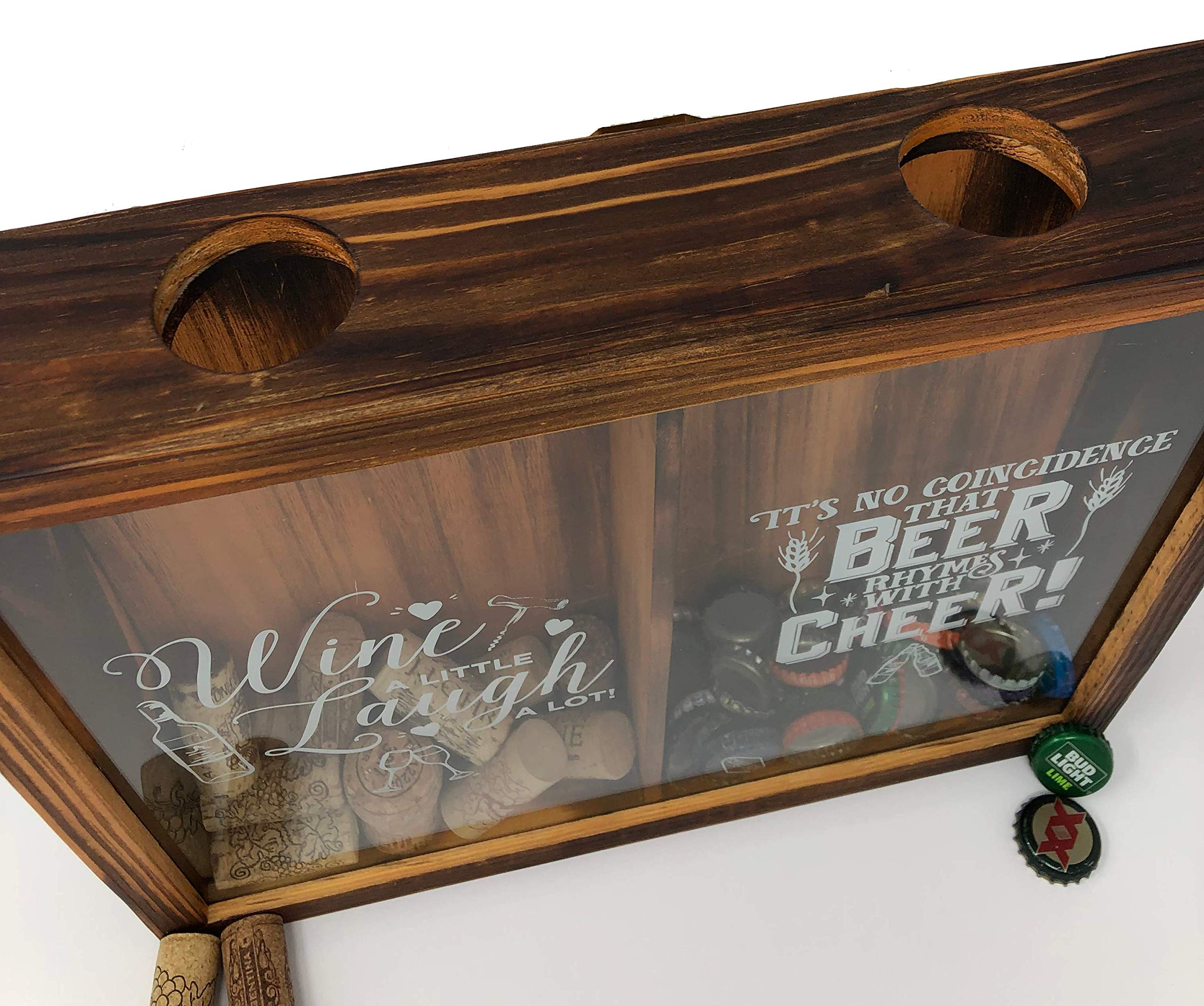 Wine Cork & Beer Cap Holder Shadow Box, Wall Mounted or Free Standing, Wine & Bar Decor for Him & Her, Rustic Stained Wood, 11" x 13"