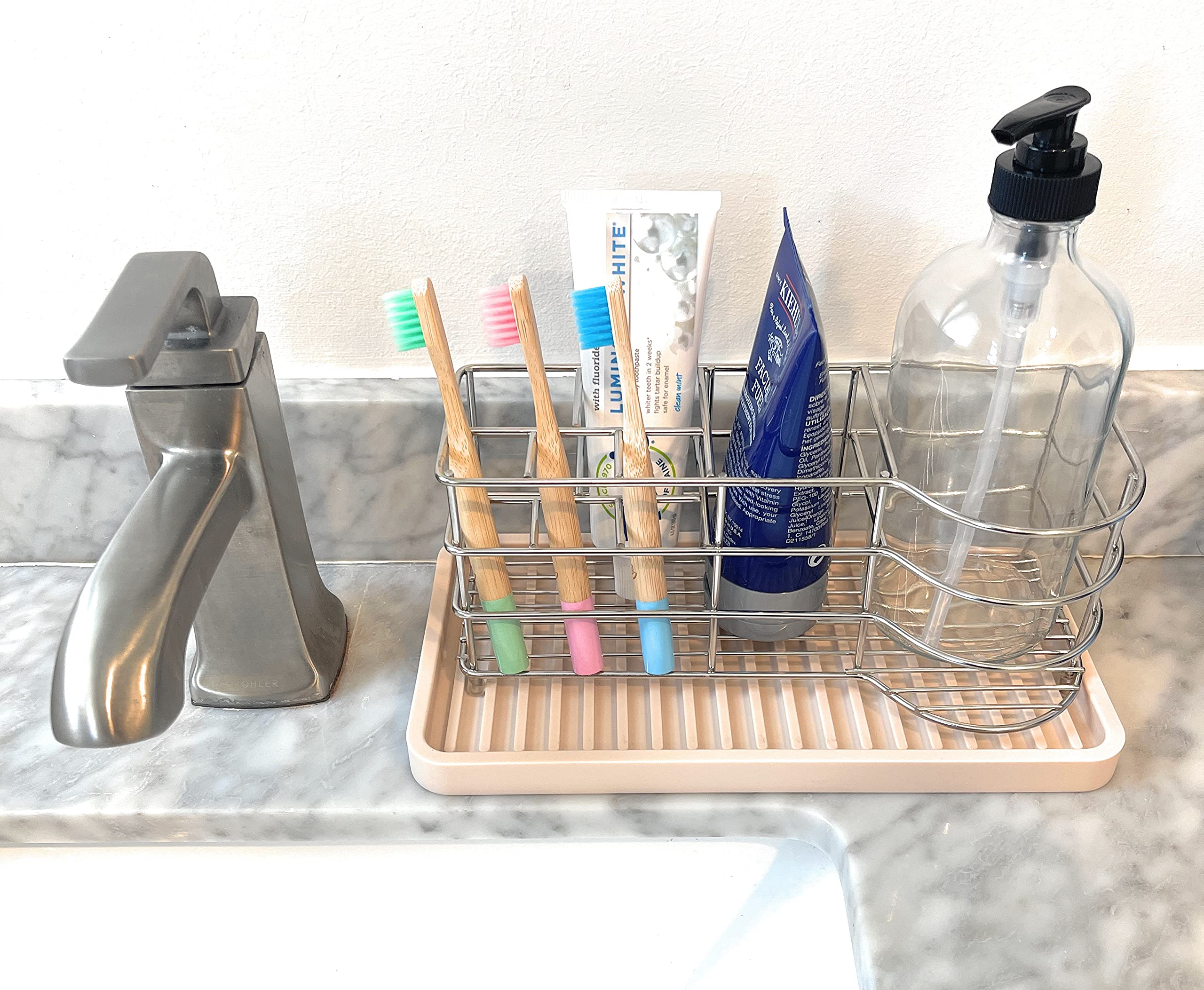 Happitasa Silicone Kitchen Sink Organizer Tray, Sponge Holder and Countertop Protector | Straight Lines Style (SAND DOLLAR, 10"x5.25")