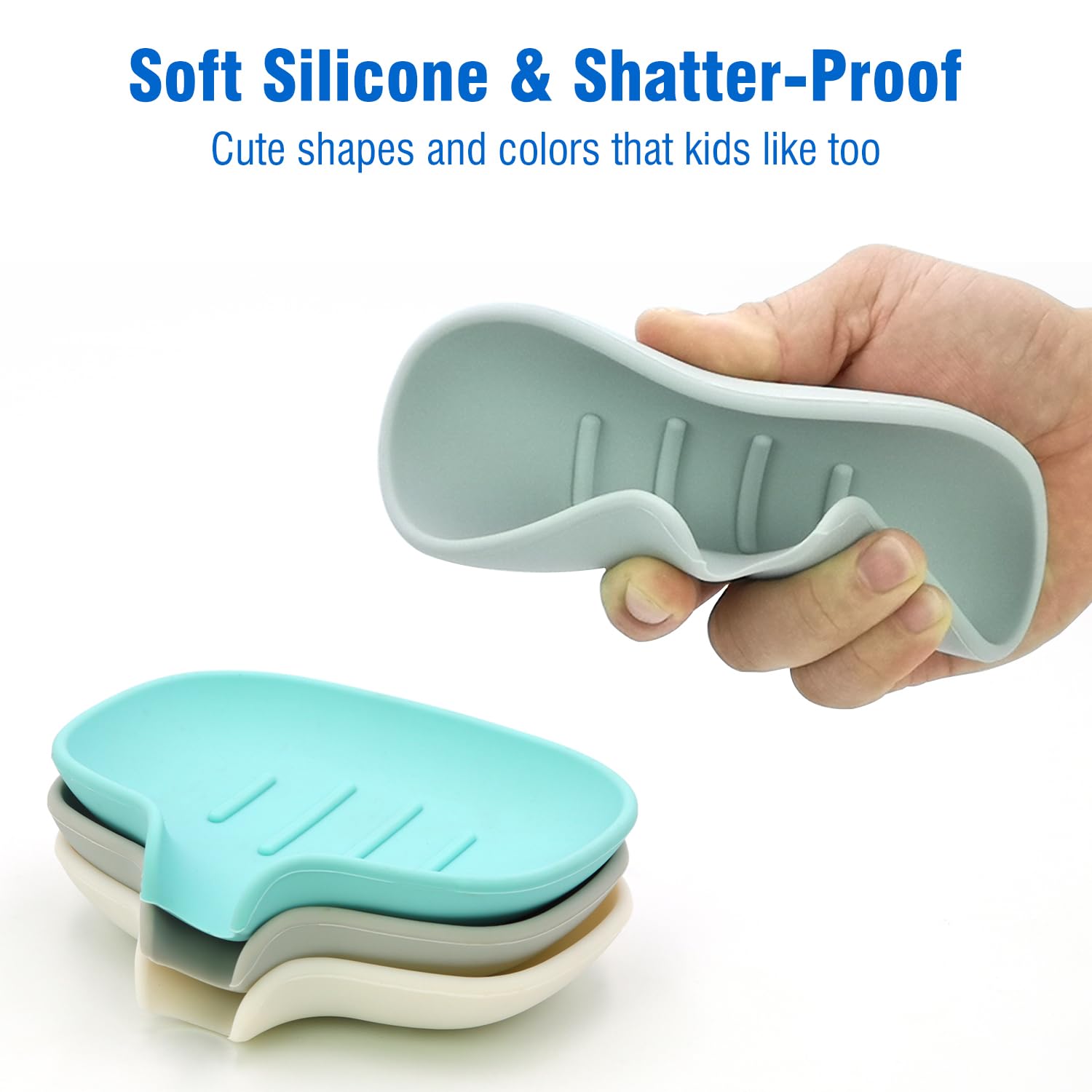 3 Pack Silicone Soap Dish with Drain, Bar Soap Holder for Shower/Bathroom, Self Draining Waterfall Soap Tray/Saver for Kitchen, Keep Soap Dry, Easy to Clean