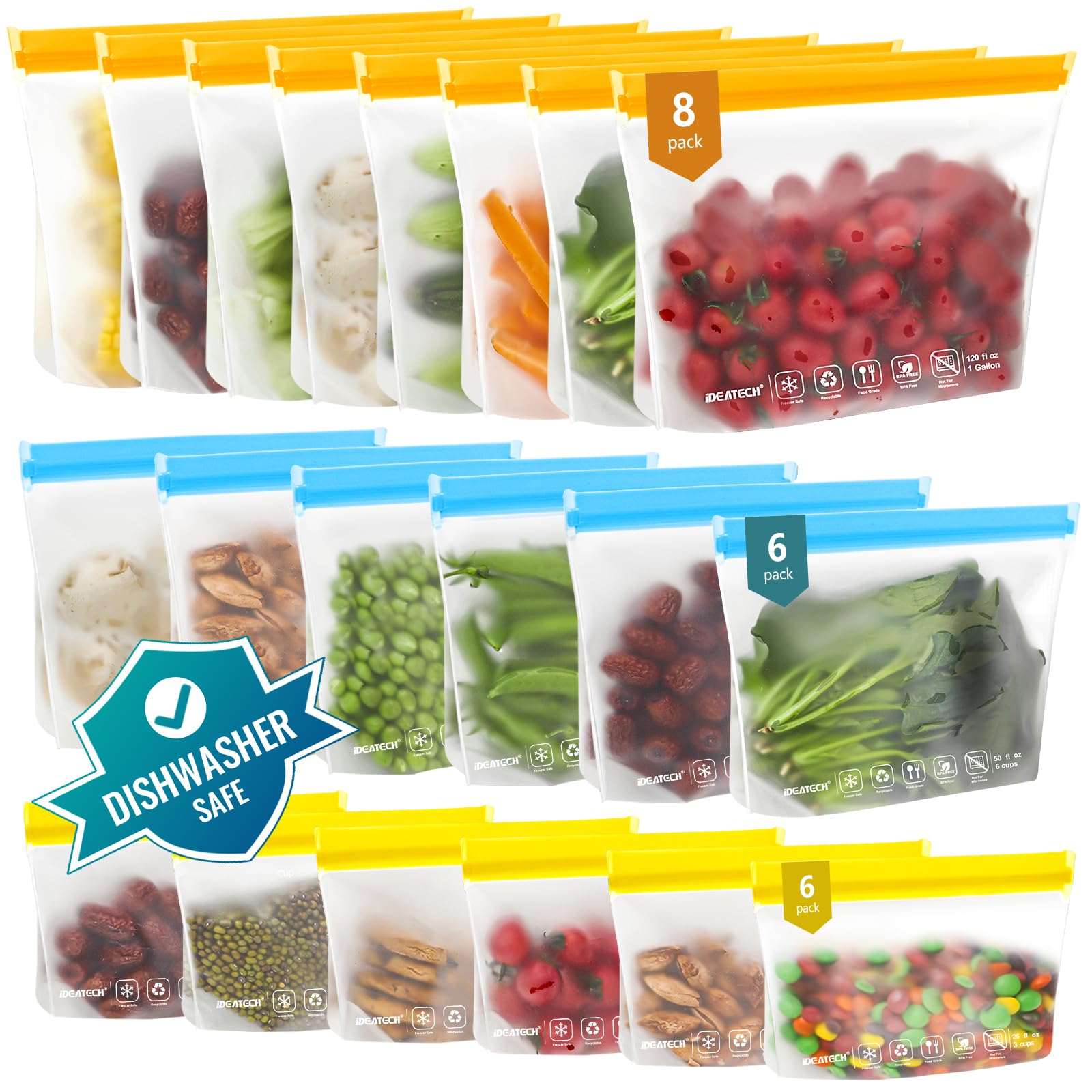 Reusable Storage Bags, 20Pack BPA Free PEVA Reusable Freezer Bags,Reusable Gallon Bags, Reusable Sandwich Bags, Silicone Food Bags for Women, Men (20Pack-8 Large +6 Sandwich +6 Snack)