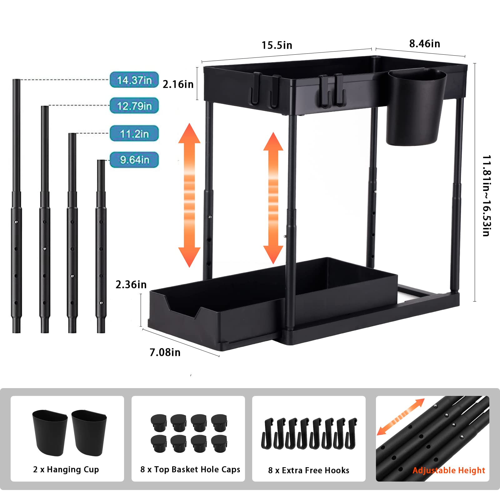 2 Pack Under Sink Organizers and Storage, 2 Tier Sliding Under Storage Drawer Organizer with Hooks and Hanging Cup,for Bathroom Kitchen Sink Organizer,Black