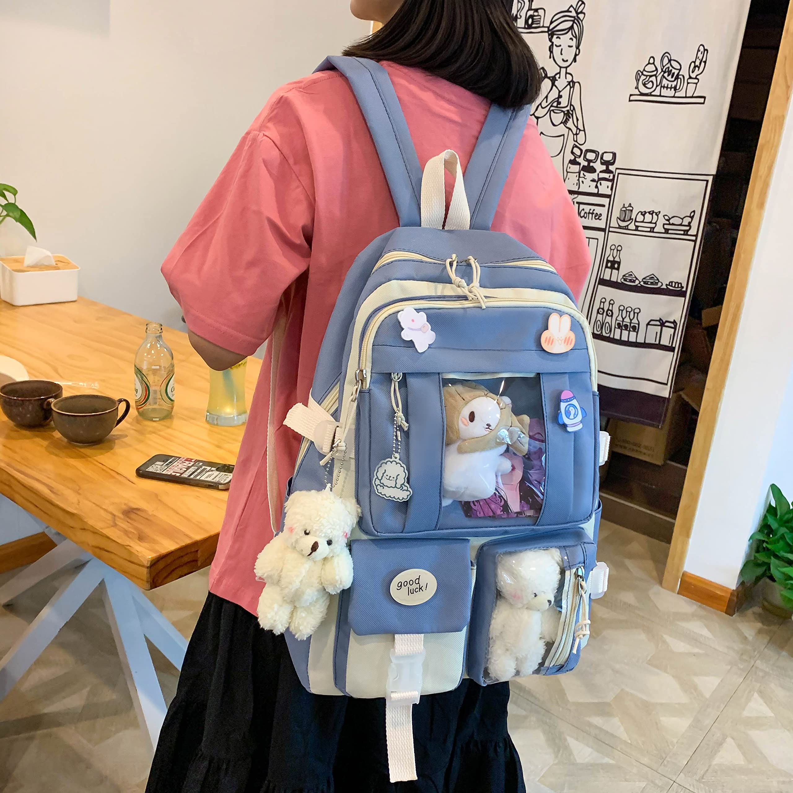 Preppy Backpack, Kawaii Backpack with Kawaii Pin And Accessories for Girls School Cute Aesthetic Backpack (Blue)