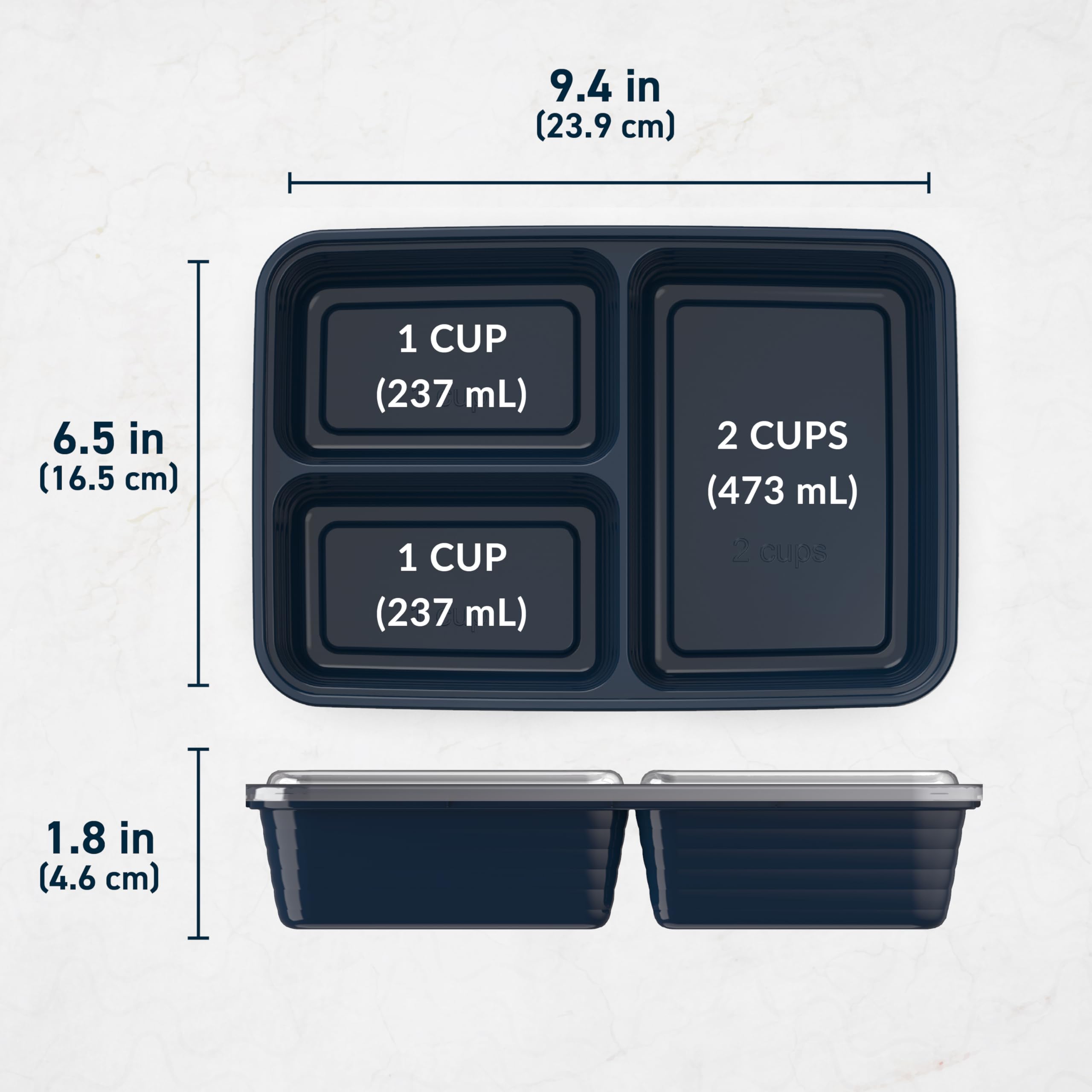 Bentgo Prep 3-Compartment Meal-Prep Containers with Custom-Fit Lids - Microwaveable, Durable, Reusable, BPA-Free, Freezer and Dishwasher Safe Food Storage Containers - 10 Trays & 10 Lids (Navy Blue)