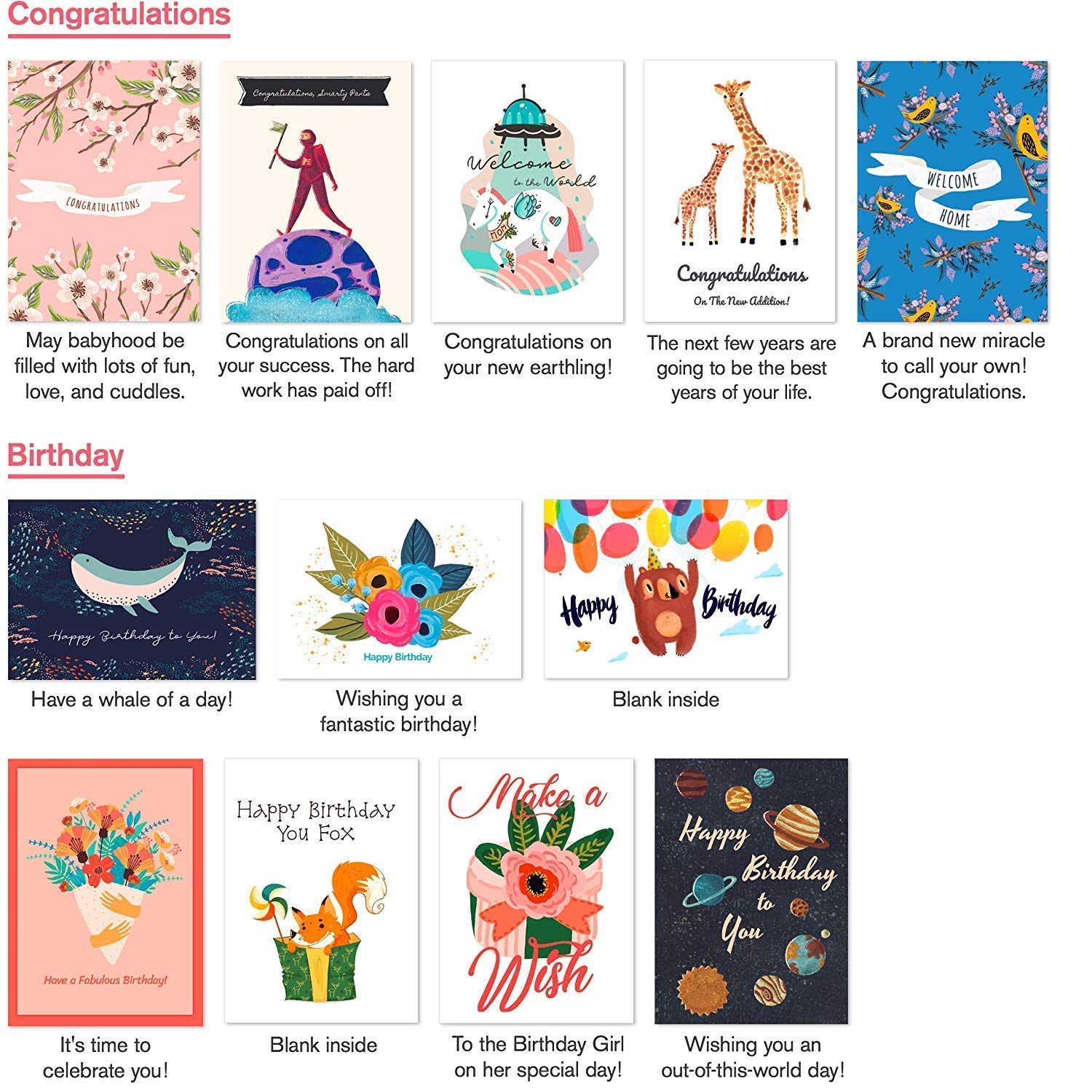 Fresh & Lucky 40 Greeting Cards Assortment Box all Occasion With White Envelopes - 4" x 6" Folded Thick Cards With Colorful, Funny Unique Designs