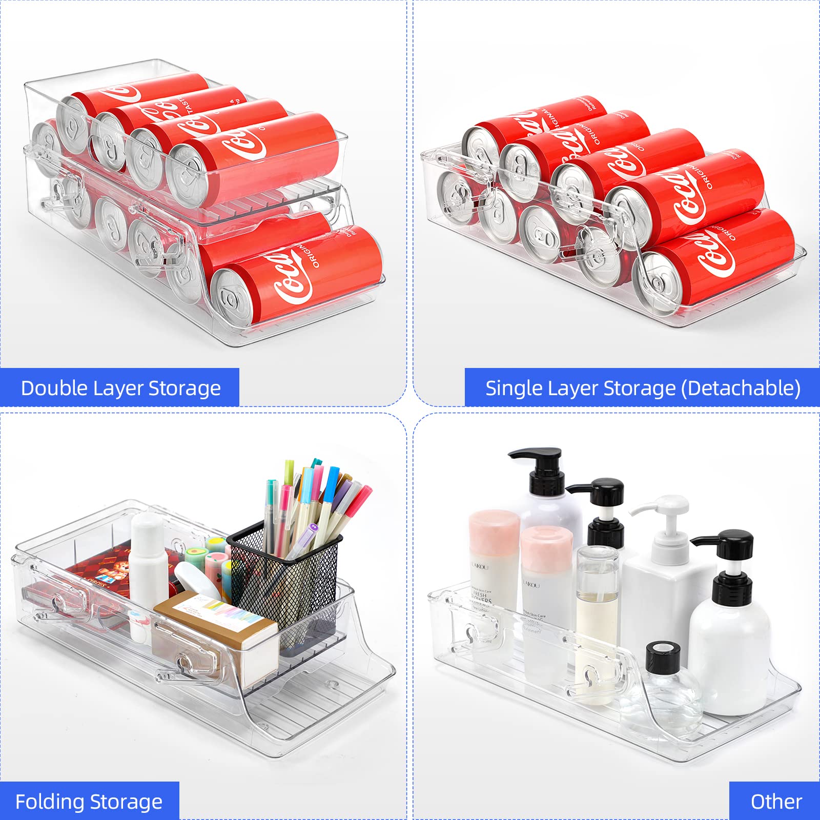 Xicennego Foldable Soda Can Organizer for Refrigerator,Beverage Can Dispenser for Fridge, Drink Can Holder Clear Plastic Storage Bin for Refrigertor, Pantry Cupboard, Office, Bathroom, Camper (1Pack)