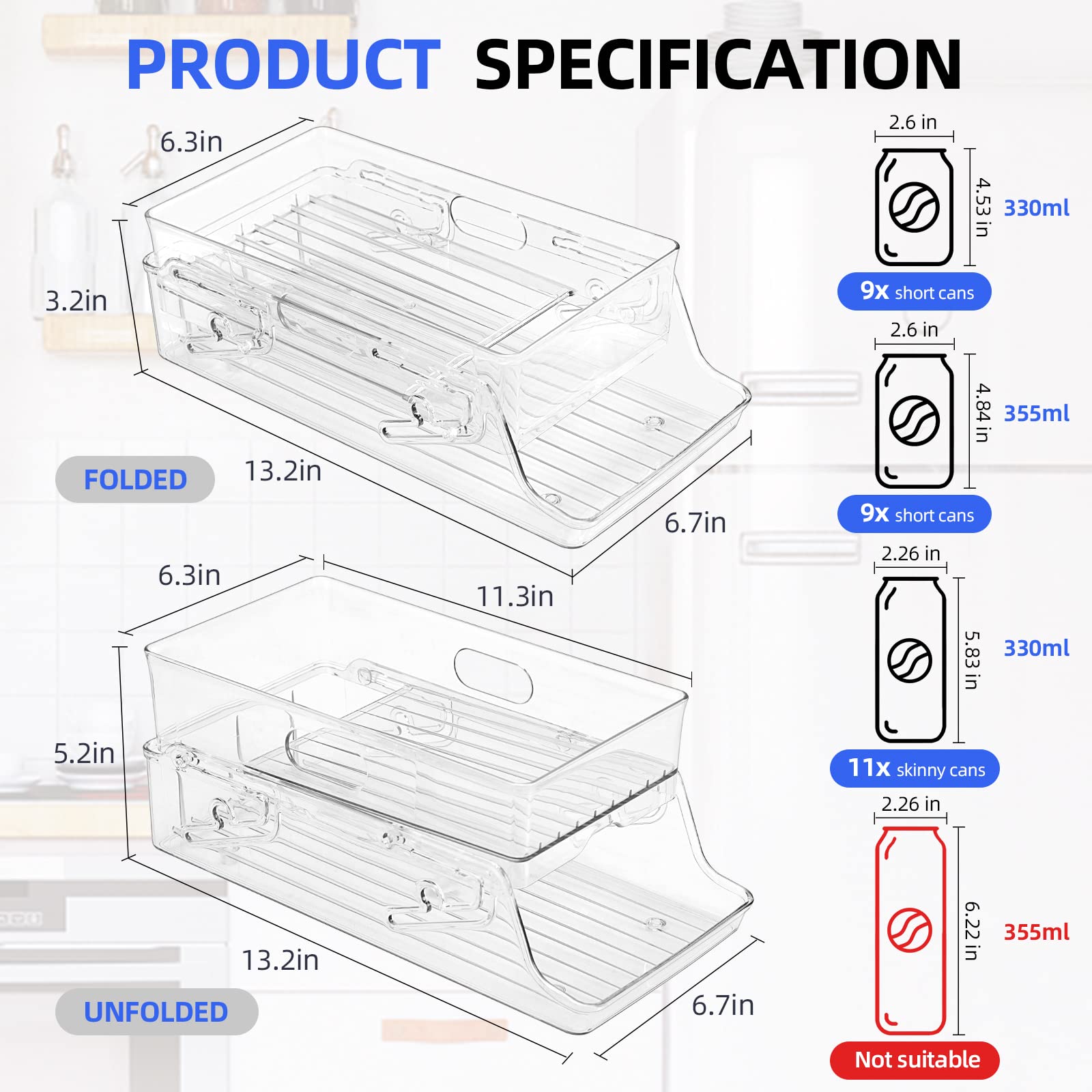Xicennego Foldable Soda Can Organizer for Refrigerator,Beverage Can Dispenser for Fridge, Drink Can Holder Clear Plastic Storage Bin for Refrigertor, Pantry Cupboard, Office, Bathroom, Camper (1Pack)