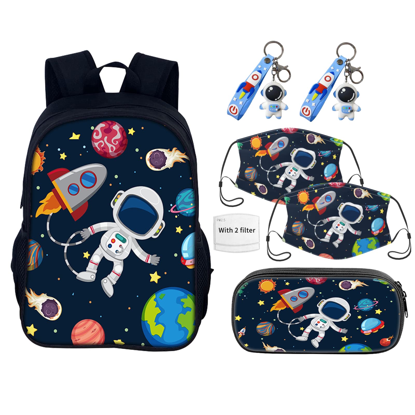Kids Backpack Boys School Backpack Space Girls 4-10 Large Bookbag Teens Back school Supplies with Pencil Case Kawaii Astronaut Keychains Set