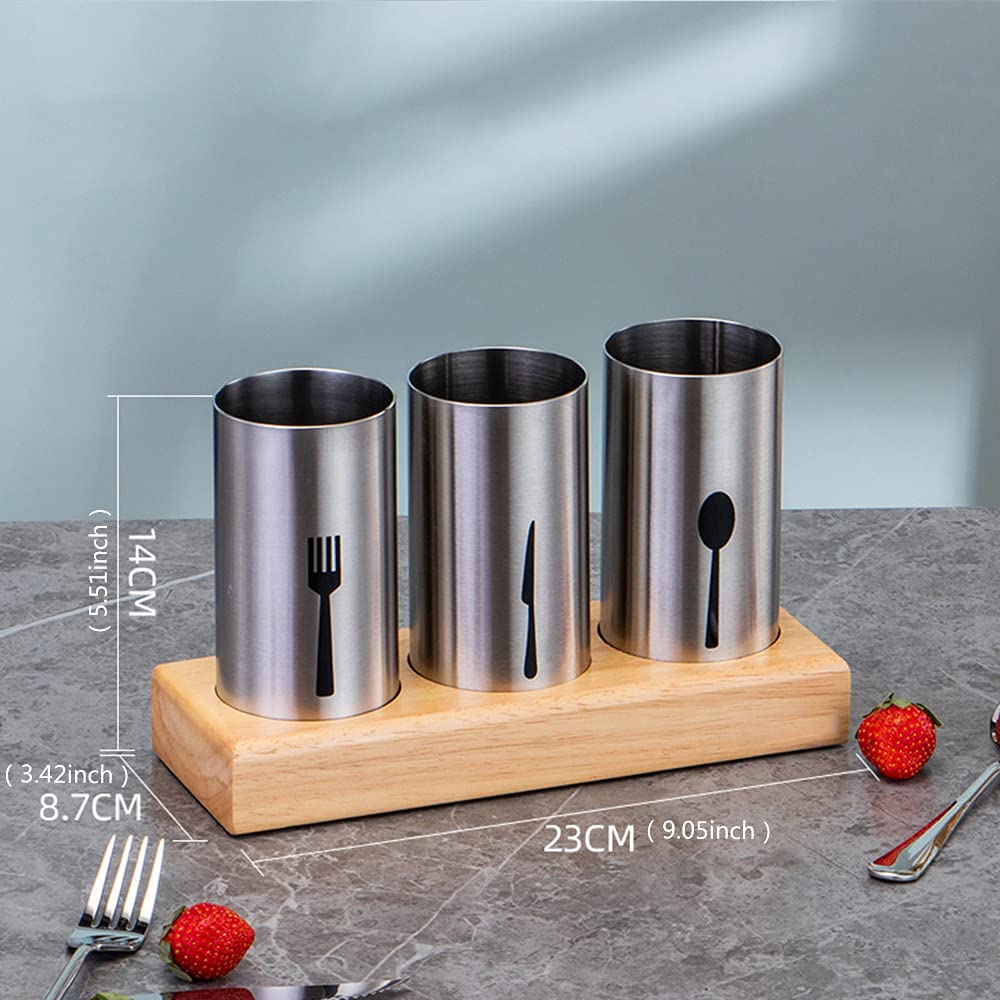 FEAWUS Small Silverware Holder Flatware Caddy Countertop Utensil Holder Caddy Stainless Steel with Wood Base for Parties