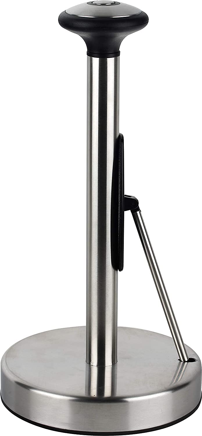 Paper Towel Holder Stainless Steel - Easy to Tear Paper Towel Dispenser - Weighted Base - Adjustable Spring arm to Hold Any Type of Paper Towels - fits in Kitchen or for Bathroom Paper Towel Holder