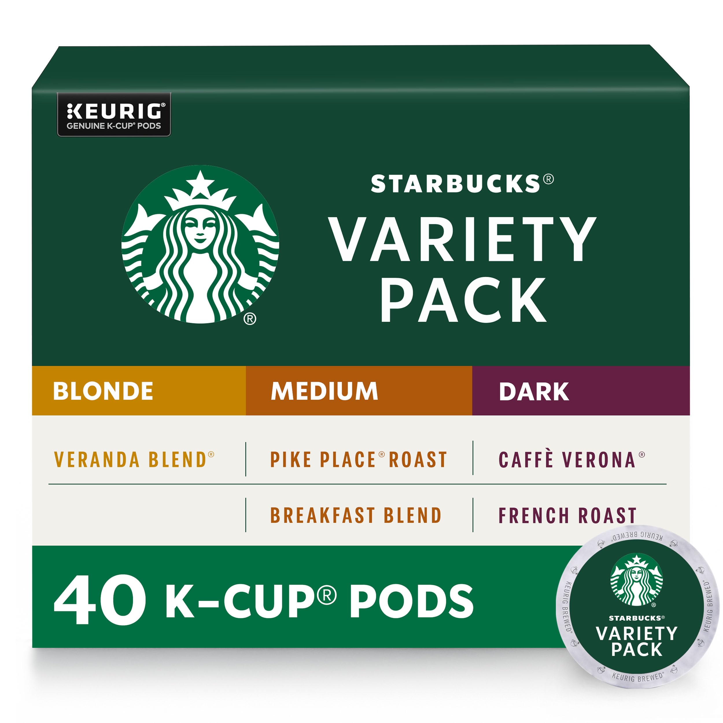 Starbucks K-Cup Coffee Pods—Starbucks Blonde, Medium & Dark Roast Coffee—Variety Pack—100% Arabica—1 box (40 pods total)