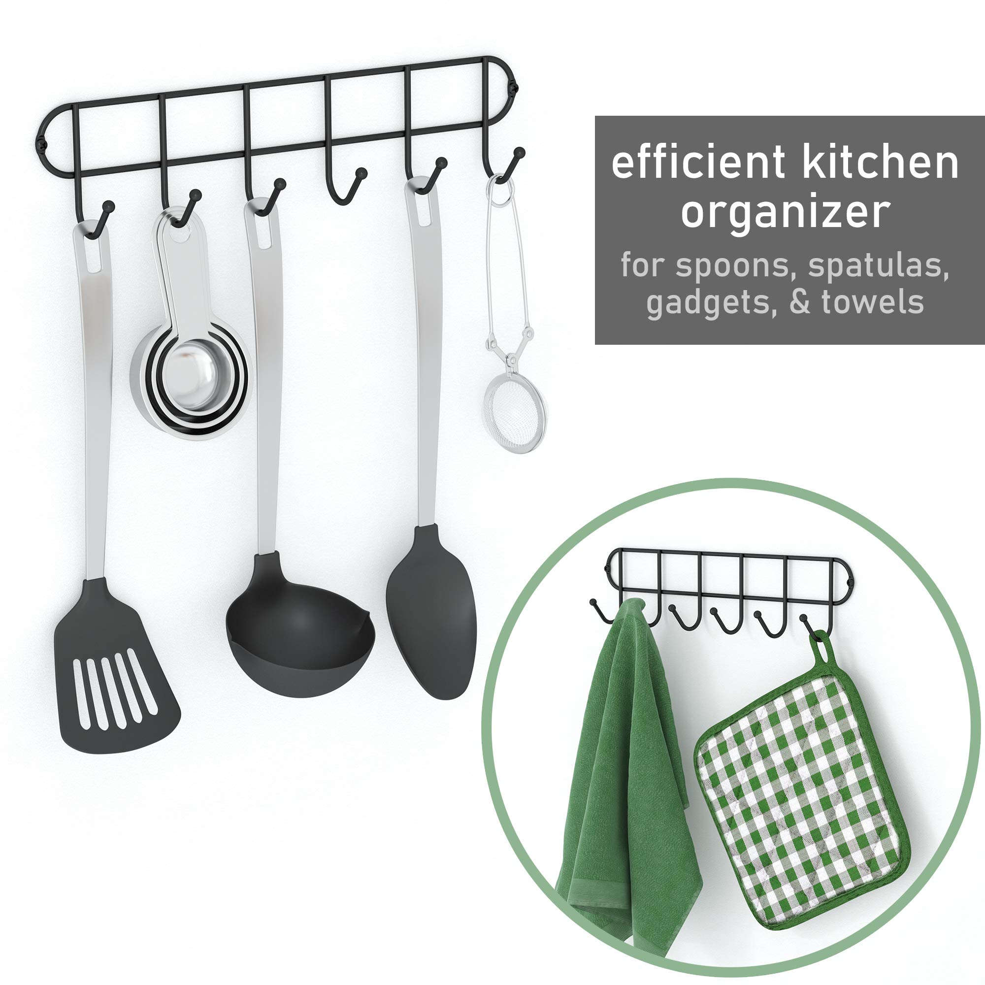 Tibres - Farmhouse Coffee Cup and Mug Rack Door or Wall Mounted - Rustic Kitchen Utensil Rack with Hooks for Spoon Spatula and Towel - Small Cup and Mug Holder - Metal Wire Hanger - Black - Set of 2