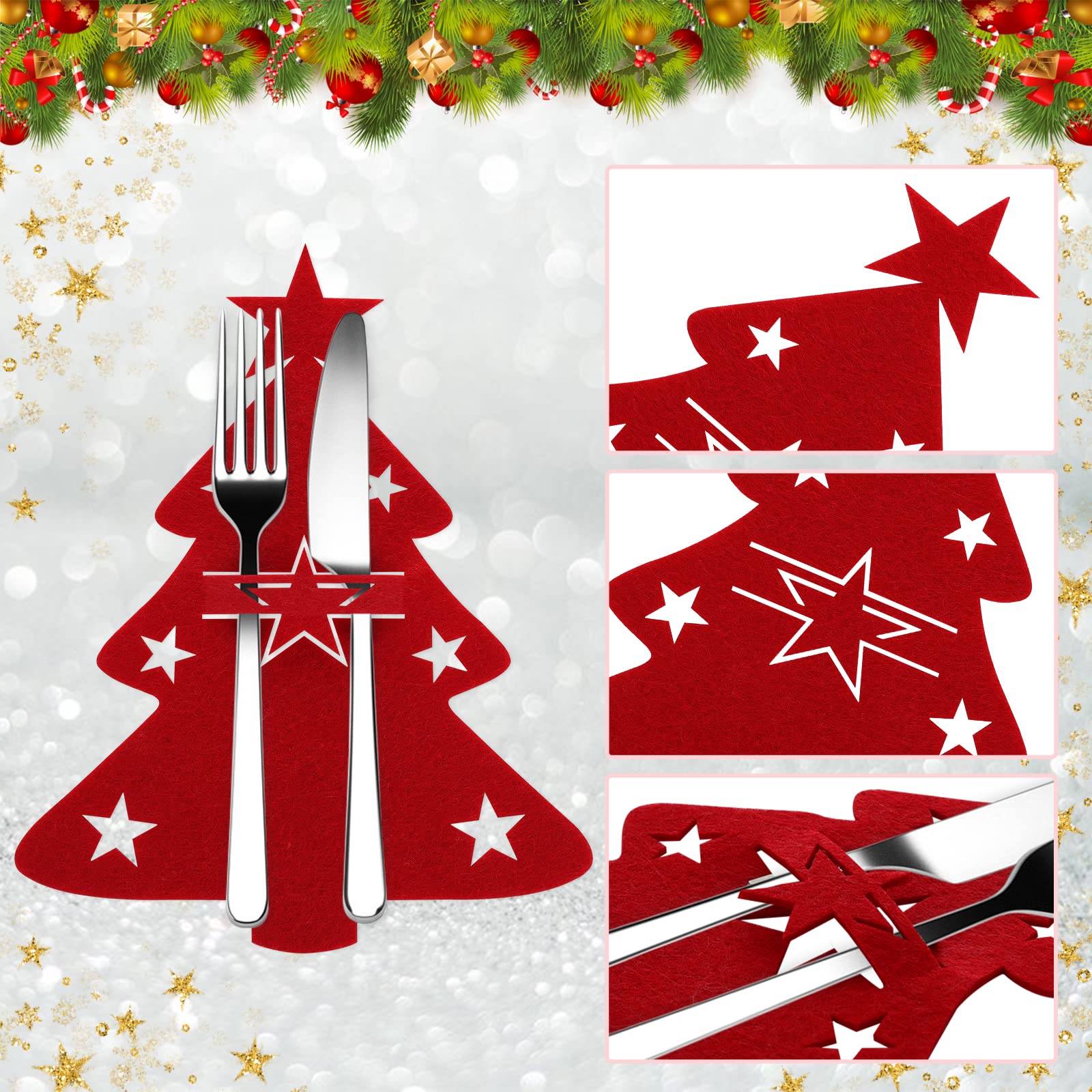 Molain Christmas Tree Cutlery Holders, 8pcs Christmas Cutlery Holders, Christmas Silverware Holders Set, Xmas Table Decorations, Pockets Knifes Forks Tableware Bags Dinnerware for Party Home Decor