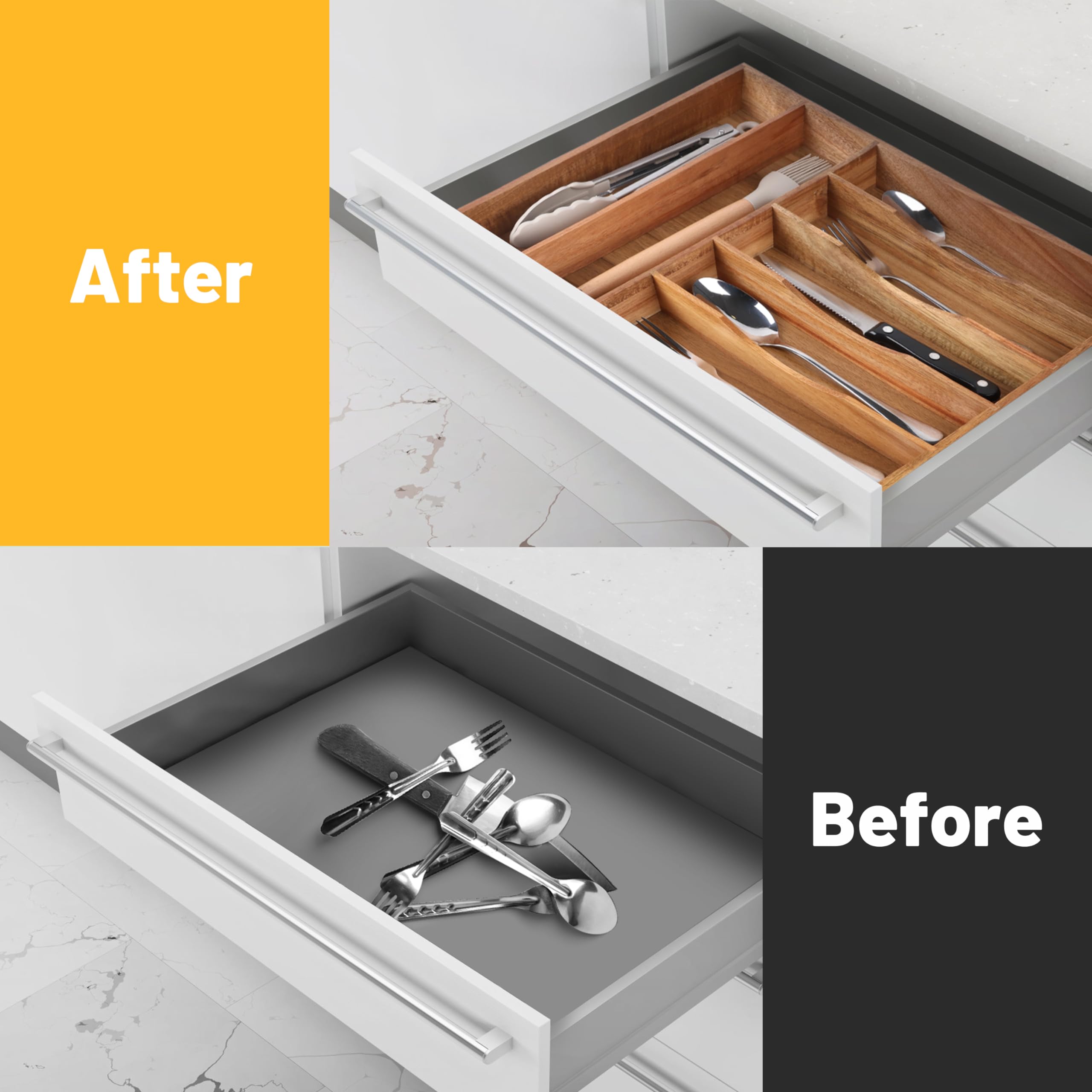 ORIDOM Expandable Bamboo Kitchen Drawer Organizer for Cutlery and Utensils, Adjustable Bamboo Wood Cutlery Tray in Drawer for Flatware and Silverware in Kitchen, 5-7 Slots, (Black)
