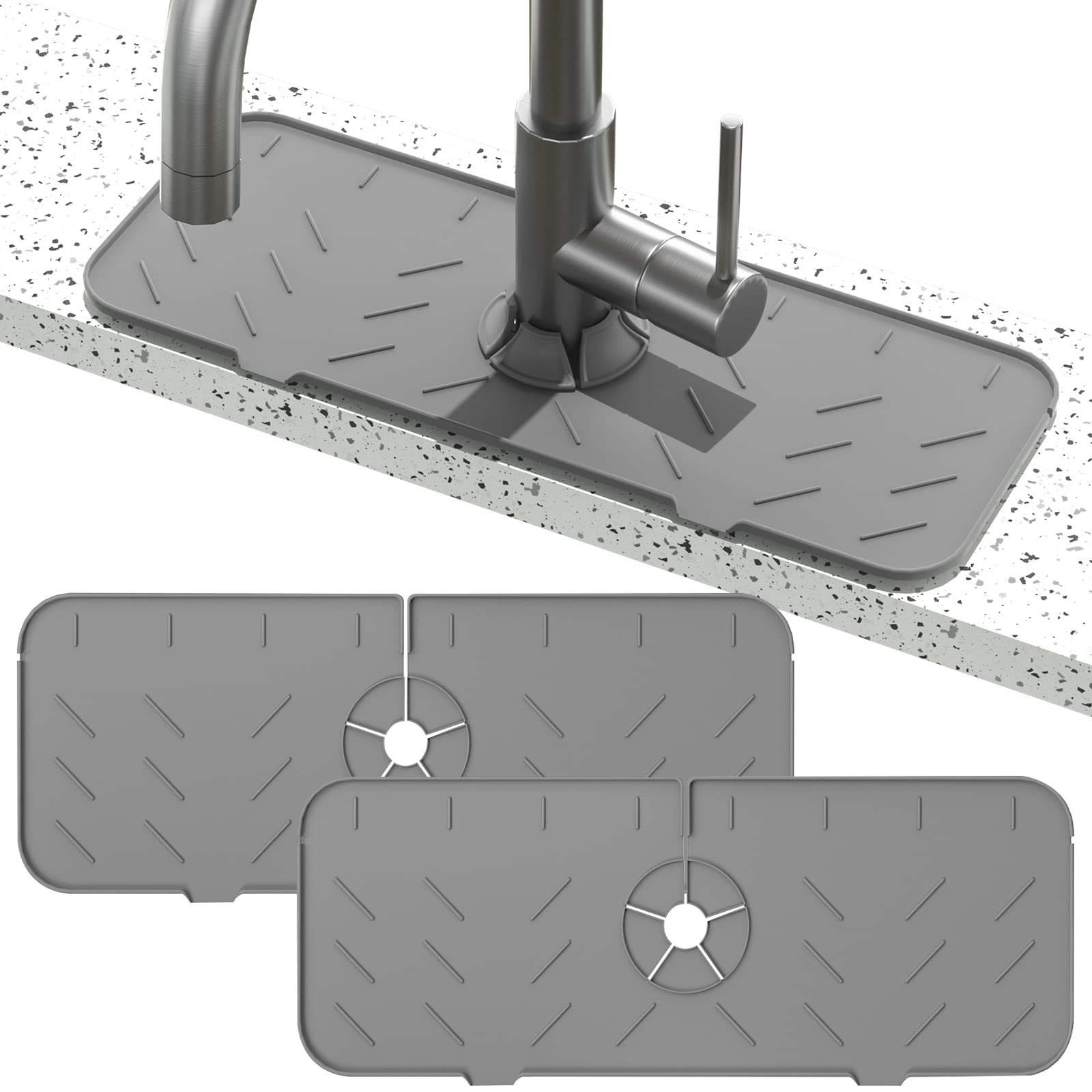 Kitchen Sink Splash Guard Silicone Sink Faucet Mat Water Catcher Mat Sink Draining Pad Rubber Drying Mat for Kitchen Sink, 2 Pack, Grey