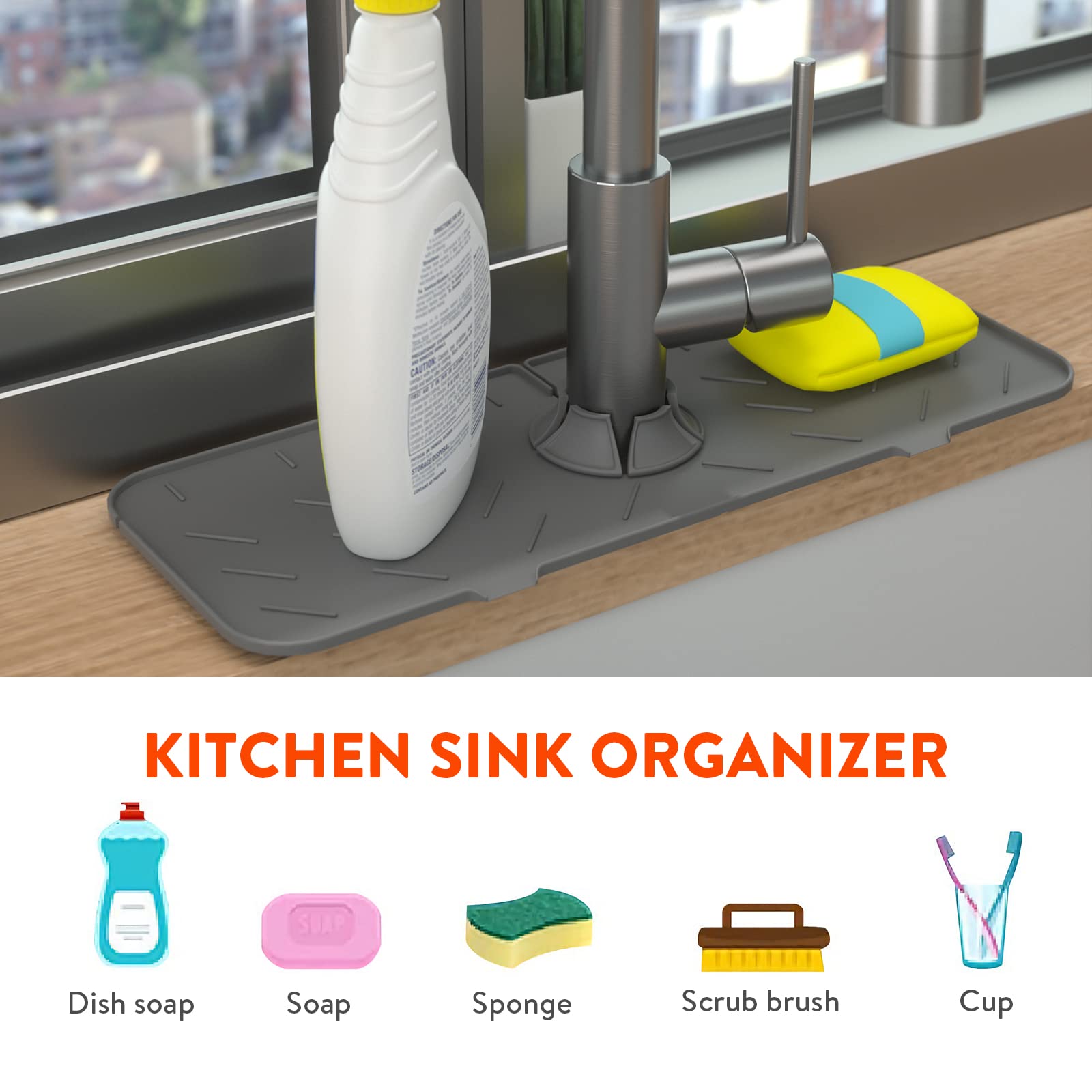 Kitchen Sink Splash Guard Silicone Sink Faucet Mat Water Catcher Mat Sink Draining Pad Rubber Drying Mat for Kitchen Sink, 2 Pack, Grey