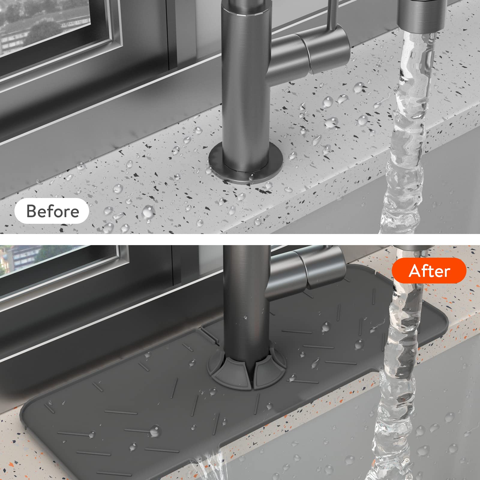 Kitchen Sink Splash Guard Silicone Sink Faucet Mat Water Catcher Mat Sink Draining Pad Rubber Drying Mat for Kitchen Sink, 2 Pack, Grey