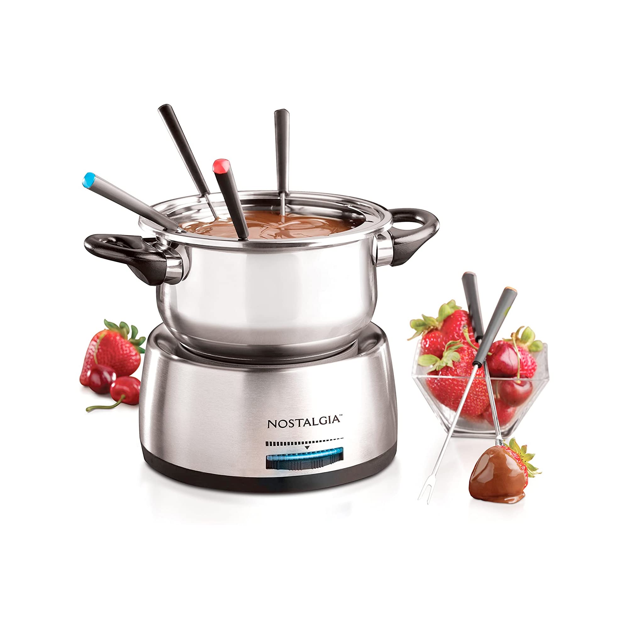 Nostalgia 6-Cup Stainless Steel Electric Fondue Pot Set with Temperature Control, 6 Color-Coded Forks, and Removable Pot - Fondue Pot for Chocolate, Candy Melts, Caramel, Cheese, Sauces, and More