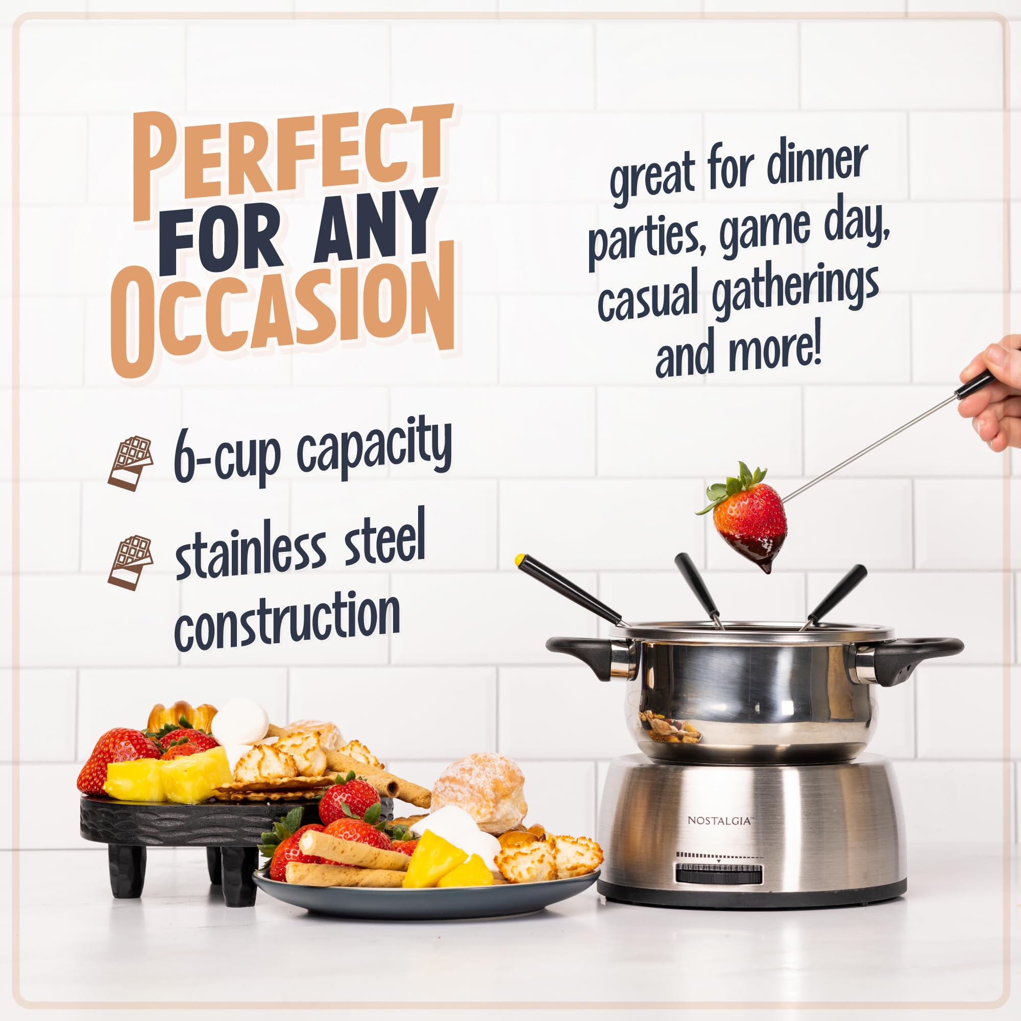 Nostalgia 6-Cup Stainless Steel Electric Fondue Pot Set with Temperature Control, 6 Color-Coded Forks, and Removable Pot - Fondue Pot for Chocolate, Candy Melts, Caramel, Cheese, Sauces, and More