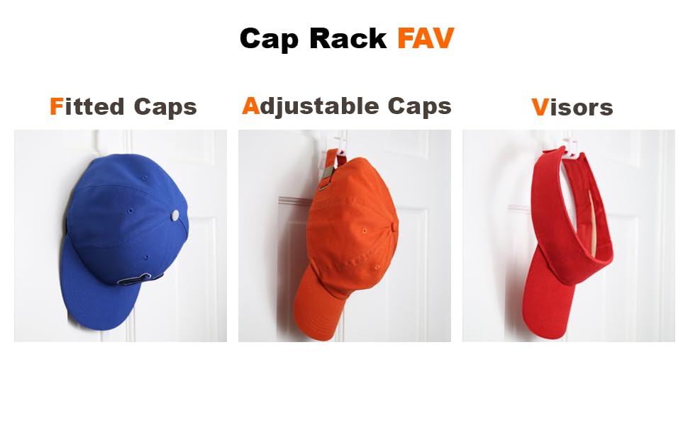 Cap Rack FAV | Hat Racks | Hold up to 40 caps | Over Door Organizer | Baseball Hat Organizer | Over Door Hanger | Fitted & Adjustable Caps & Visors | Door Slam Proof | 2 Straps | 20 Adj. Hooks | White