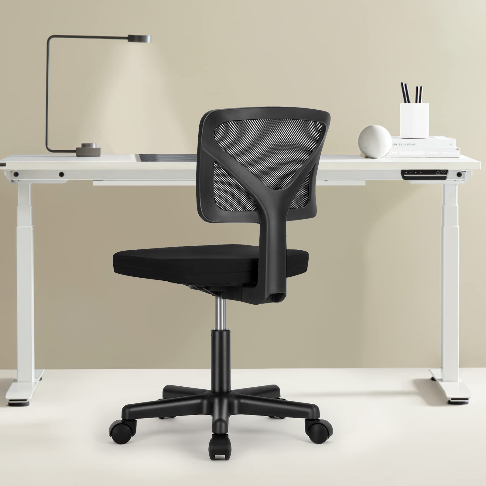 Armless Small Home Office Desk Chair, Ergonomic Low Back Computer Chair, Adjustable Rolling Swivel Task Chair with Lumbar Support for Small Space, 1 Pack, Black