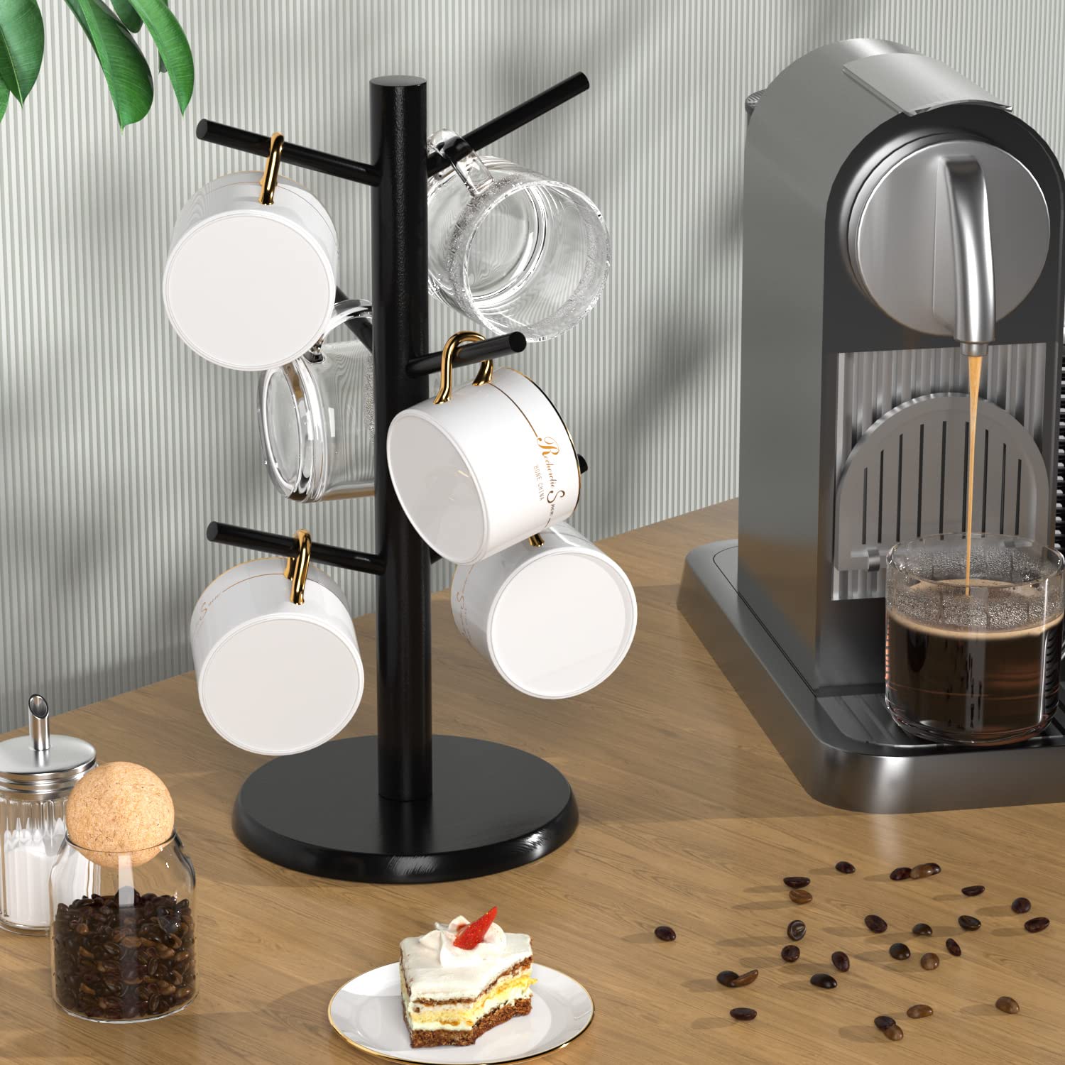 Wisuce Coffee Mug Holder, Black Bamboo Mug Tree with Thicker Base Coffee Cup Stand Mug Holders for Counter Coffee Mug Rack Organizer with 6 Hooks
