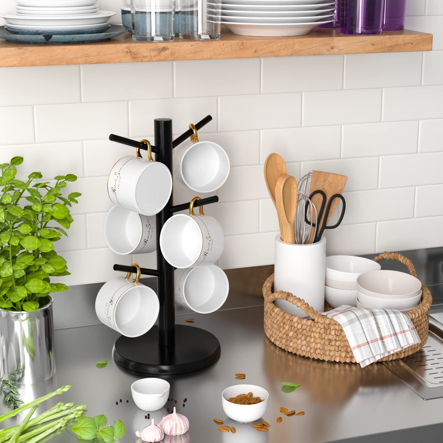 Wisuce Coffee Mug Holder, Black Bamboo Mug Tree with Thicker Base Coffee Cup Stand Mug Holders for Counter Coffee Mug Rack Organizer with 6 Hooks