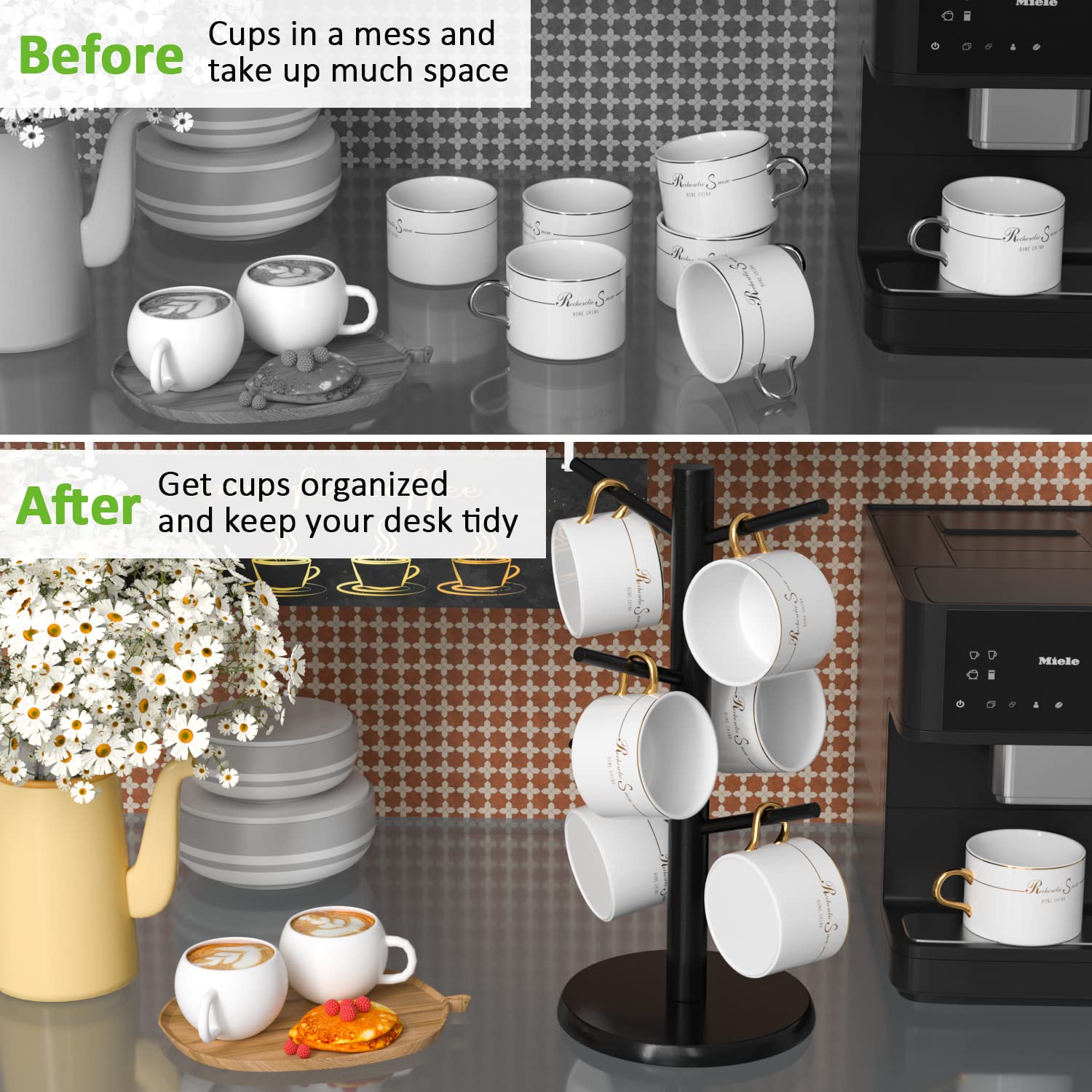 Wisuce Coffee Mug Holder, Black Bamboo Mug Tree with Thicker Base Coffee Cup Stand Mug Holders for Counter Coffee Mug Rack Organizer with 6 Hooks