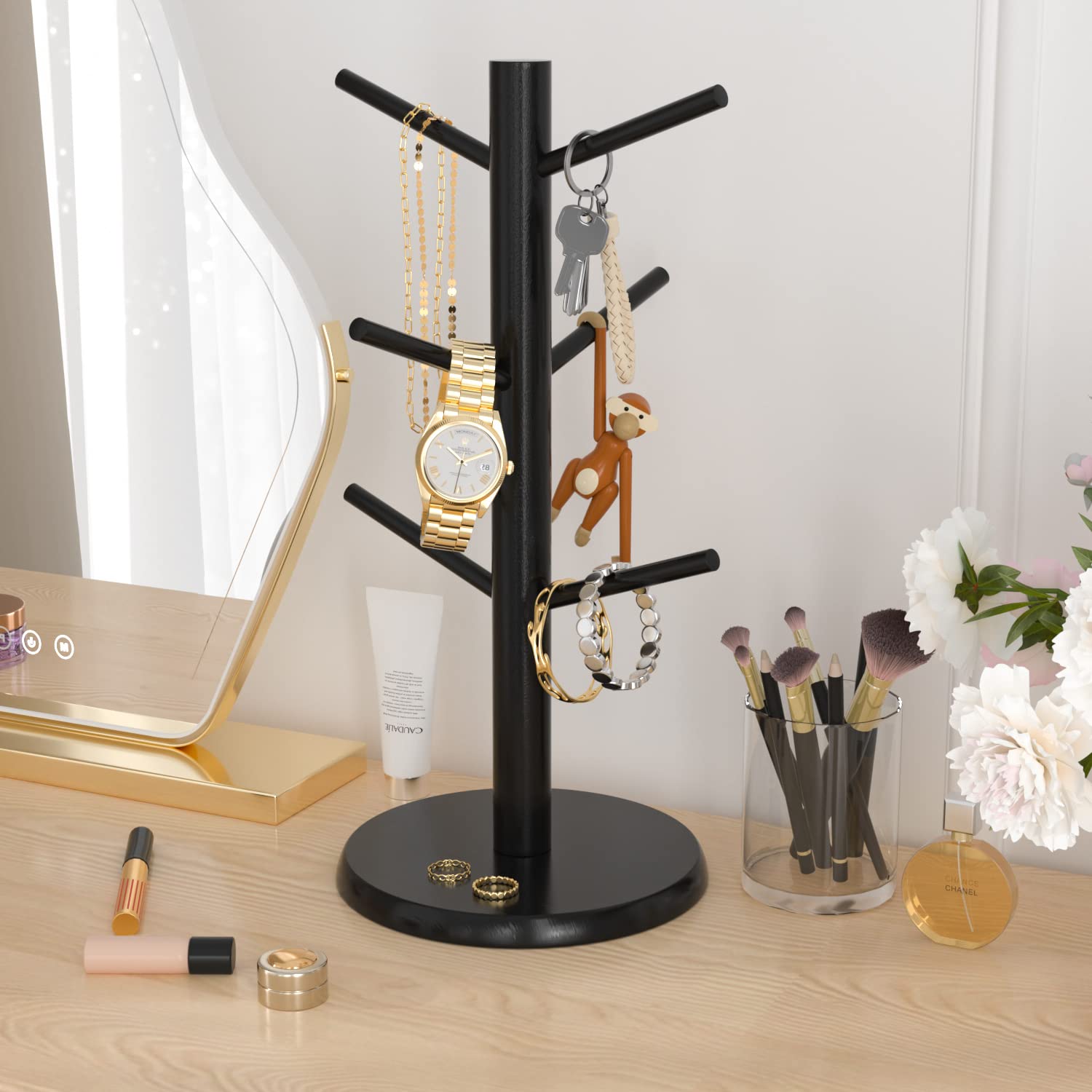 Wisuce Coffee Mug Holder, Black Bamboo Mug Tree with Thicker Base Coffee Cup Stand Mug Holders for Counter Coffee Mug Rack Organizer with 6 Hooks