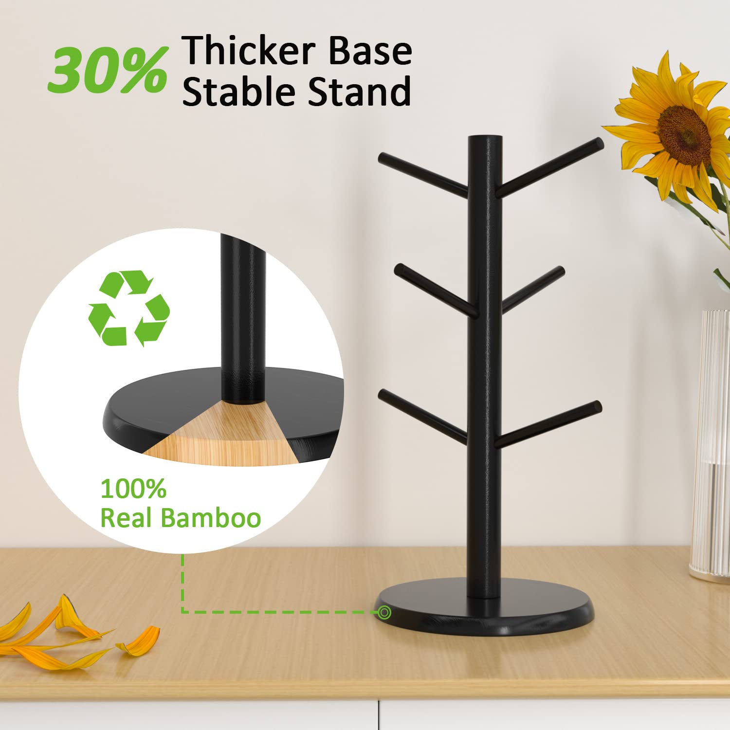Wisuce Coffee Mug Holder, Black Bamboo Mug Tree with Thicker Base Coffee Cup Stand Mug Holders for Counter Coffee Mug Rack Organizer with 6 Hooks