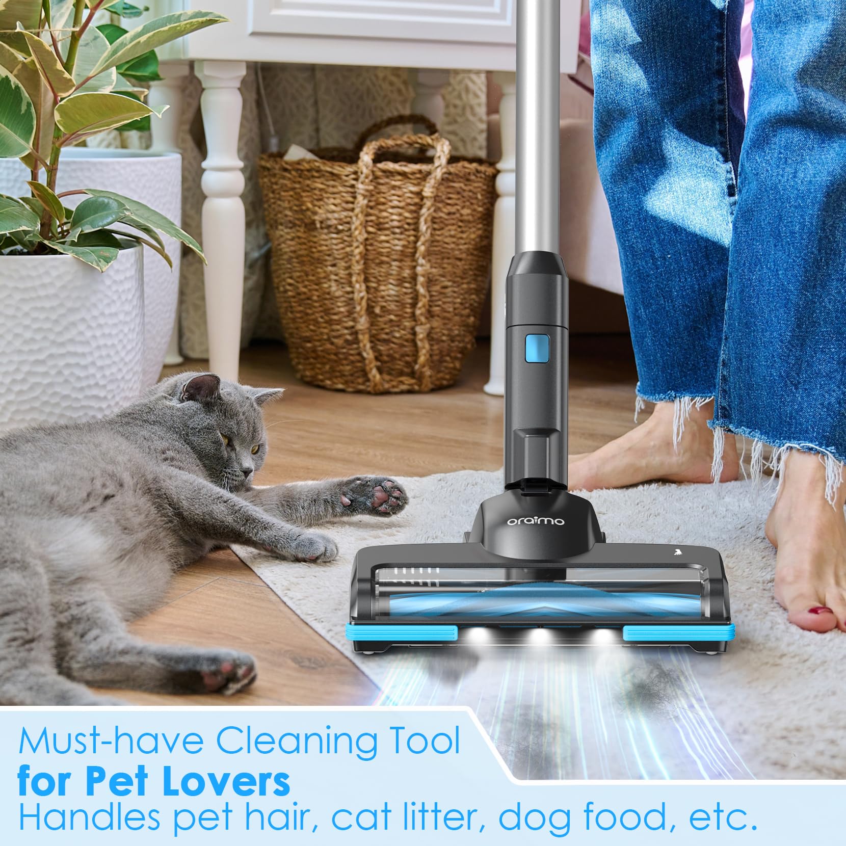 Oraimo Stick Vacuum, Cordless Vacuum Cleaner with Self-Standing, Cordless Stick Vacuum with 35 Mins Runtime Detachable Battery, 6 in 1 Lightweight Vacuum with LED for Hardwood Floor Carpet Marble Tile