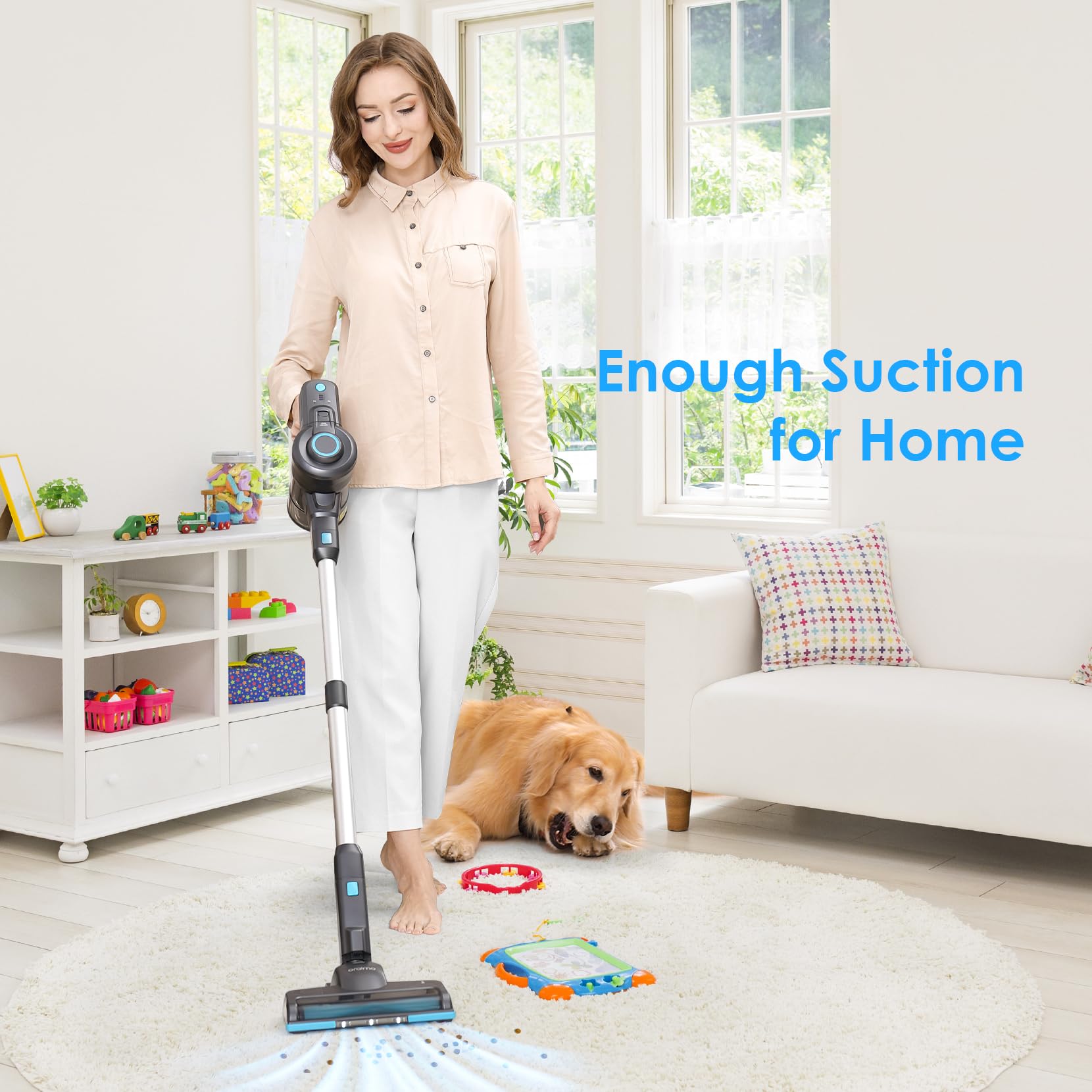 Oraimo Stick Vacuum, Cordless Vacuum Cleaner with Self-Standing, Cordless Stick Vacuum with 35 Mins Runtime Detachable Battery, 6 in 1 Lightweight Vacuum with LED for Hardwood Floor Carpet Marble Tile