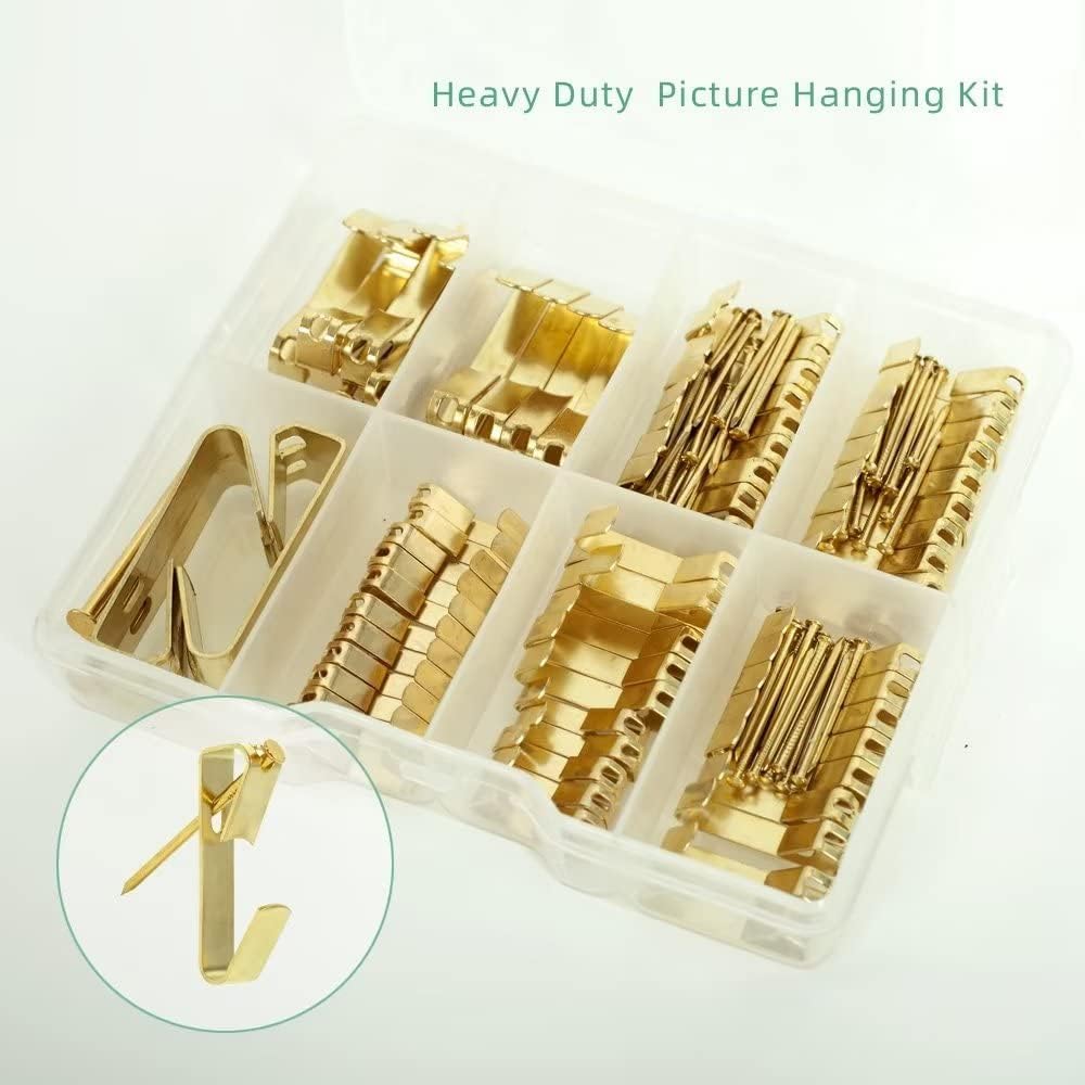 Picture Hanging Kit , 10-100lbs Heavy Duty Picture Hangers ,140pcs Golden Picture Hanging Hooks,Picture Hooks Hardware for Picture Frame, Painting,Portraits , Mirror