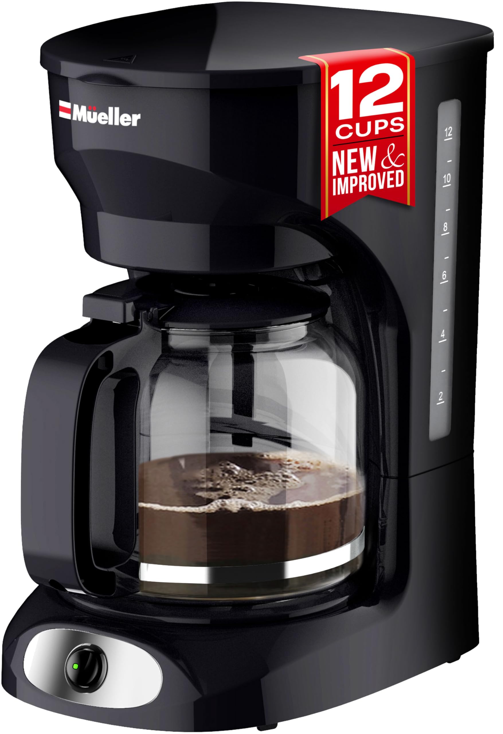 Mueller 12-Cup Drip Coffee Maker, Auto Keep Warm Function, Smart Anti-Drip System, with Permanent Filter and Borosilicate Glass Carafe, Clear Water Level Window Coffee Machine
