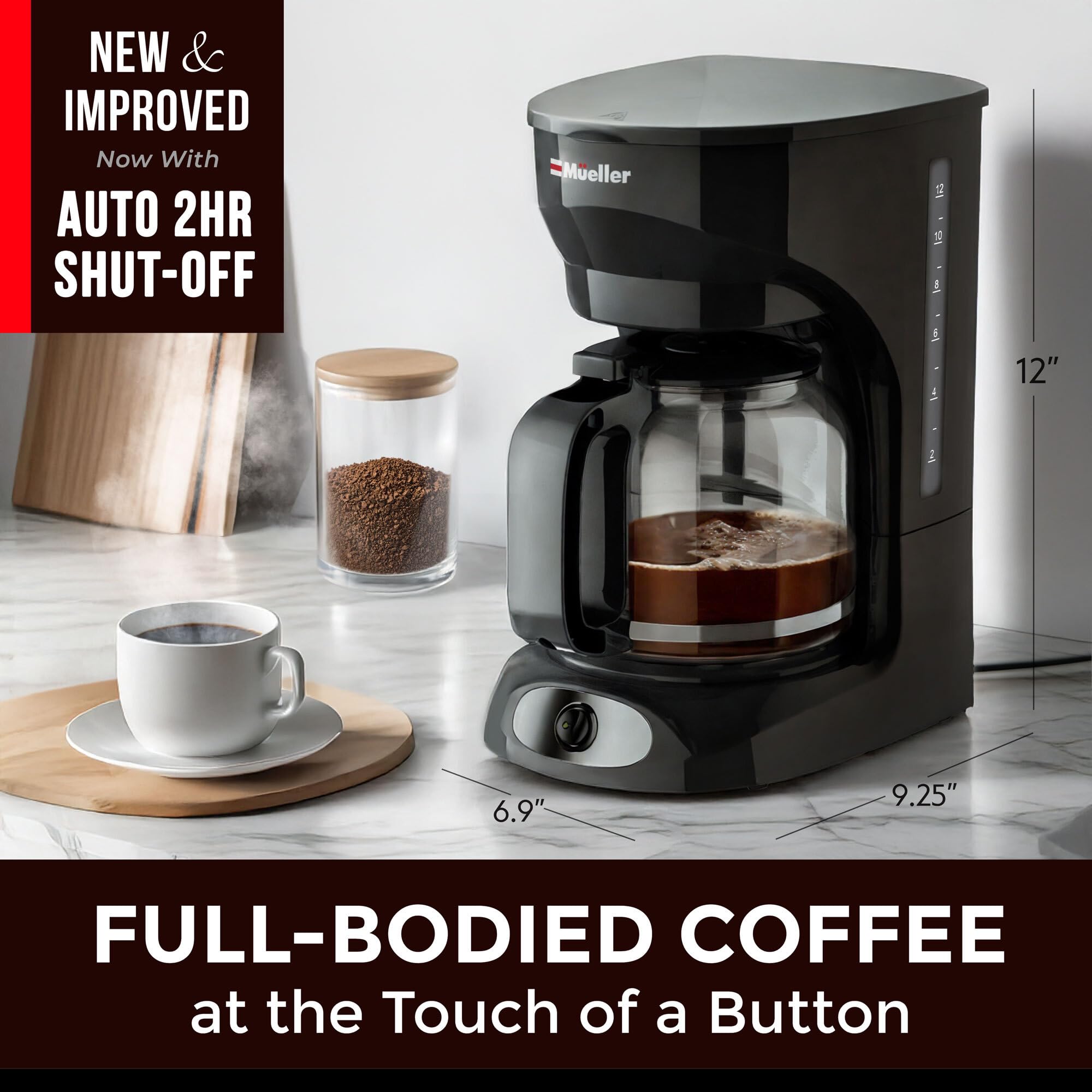 Mueller 12-Cup Drip Coffee Maker, Auto Keep Warm Function, Smart Anti-Drip System, with Permanent Filter and Borosilicate Glass Carafe, Clear Water Level Window Coffee Machine