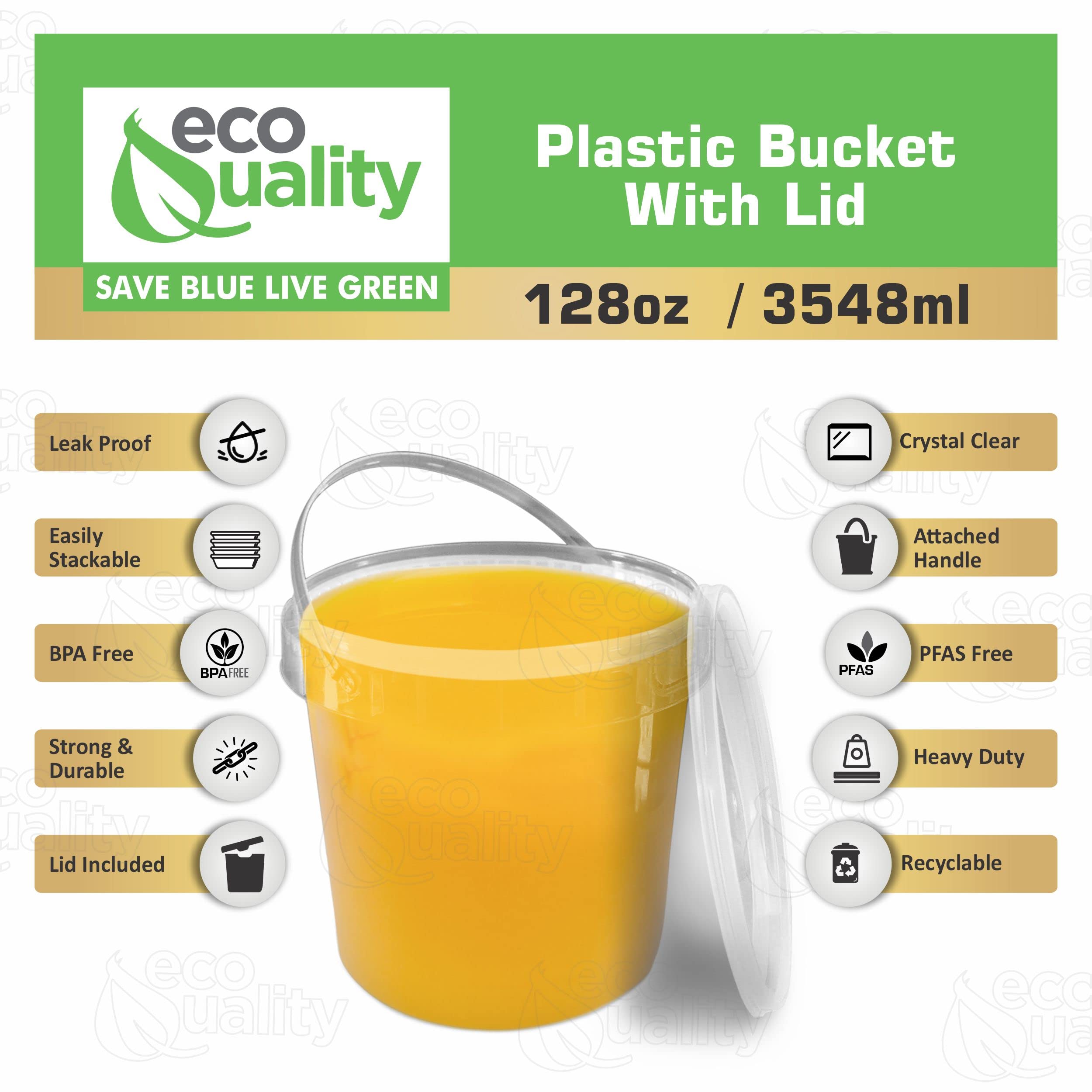 1 Gallon (128 oz) Clear Plastic Bucket with Lid and Handle (1 Pack), Ice Cream Tub with Lids - Food Grade Freezer and Microwave Safe Food Storage Containers, Round Plastic Pail Container with Lid, BPA Free