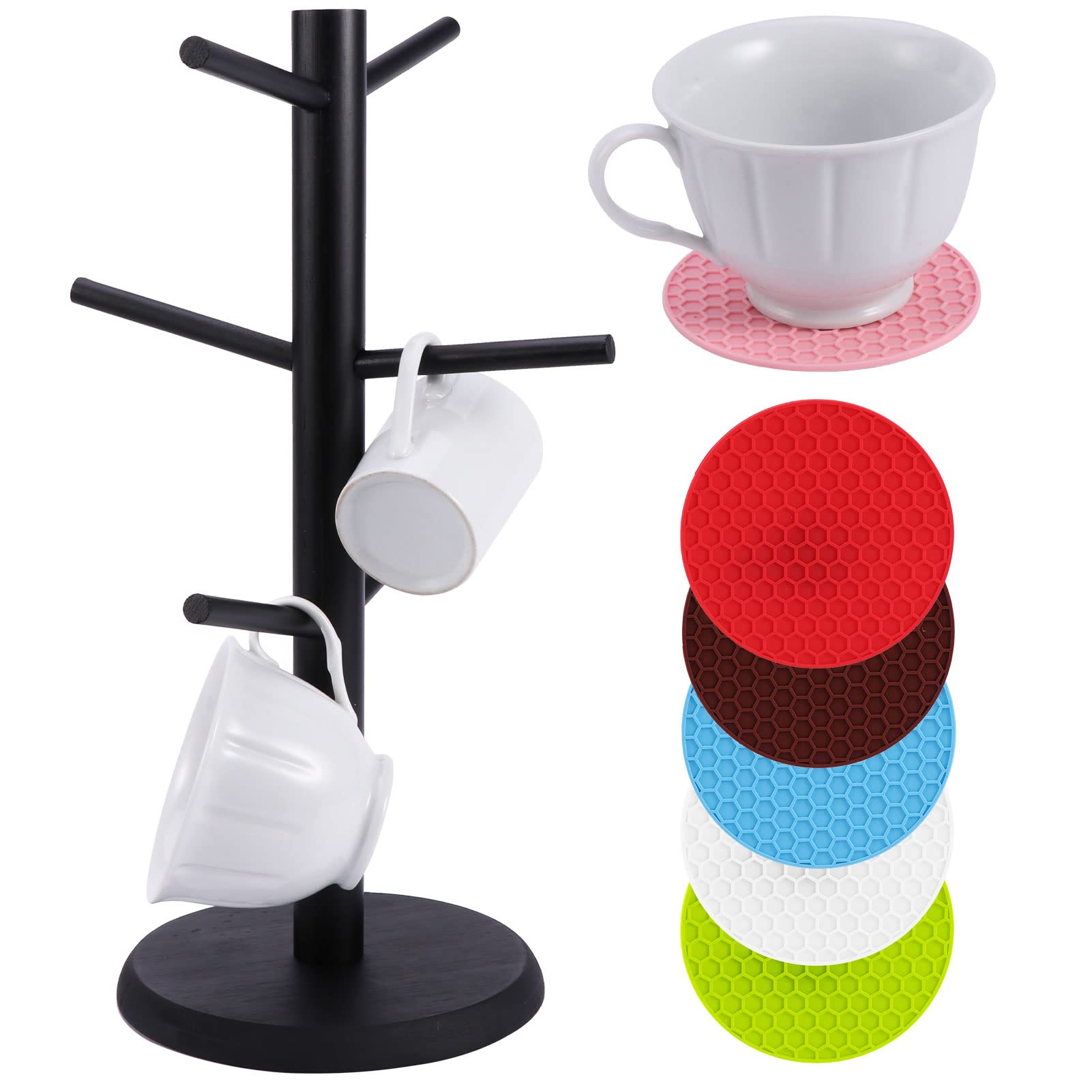 MOFUCA Coffee Mug Tree with 6 Coasters, Coffee Cup Holder Tea Cup Organizer with 6 Hooks for Counter Stand, Counter Bar Accessory(Size:Coaster Color: Mixed Color)
