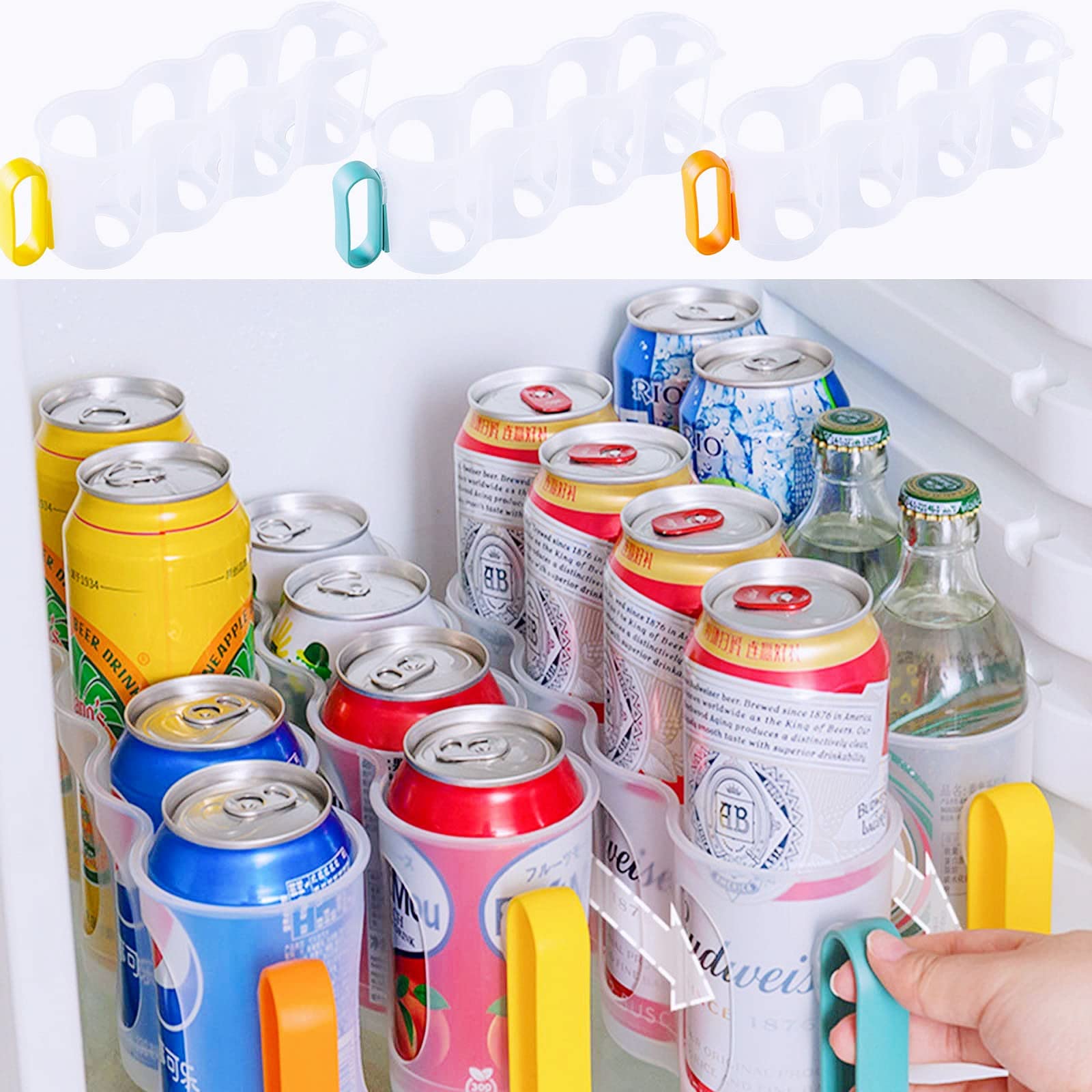 OJDXDY 3Pack Portable Soda Can Organizer for Refrigerator 4 Section Fridge Organizer Bins with Handle Clear Plastic Freezer Drink Beverage Holder Dispenser Beer Can Holder Fridge Storage Sliding Rack