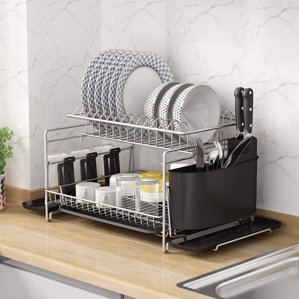 1Easylife Dish Drying Rack, 2 Tier Large Kitchen Dish Rack with Removable Drainboard, Utensil Holder and Cup Holder, Rustproof Nano Coating Dish Drainer