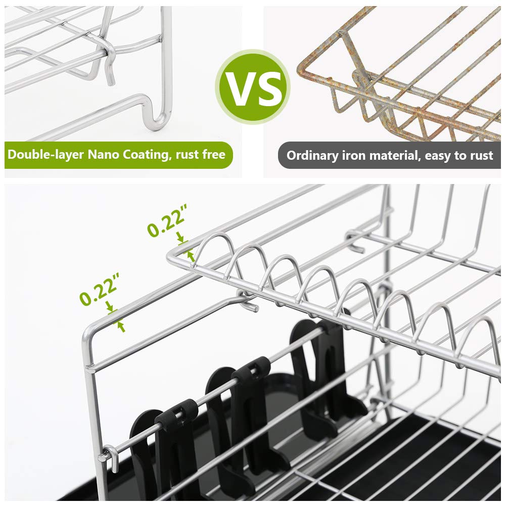 1Easylife Dish Drying Rack, 2 Tier Large Kitchen Dish Rack with Removable Drainboard, Utensil Holder and Cup Holder, Rustproof Nano Coating Dish Drainer