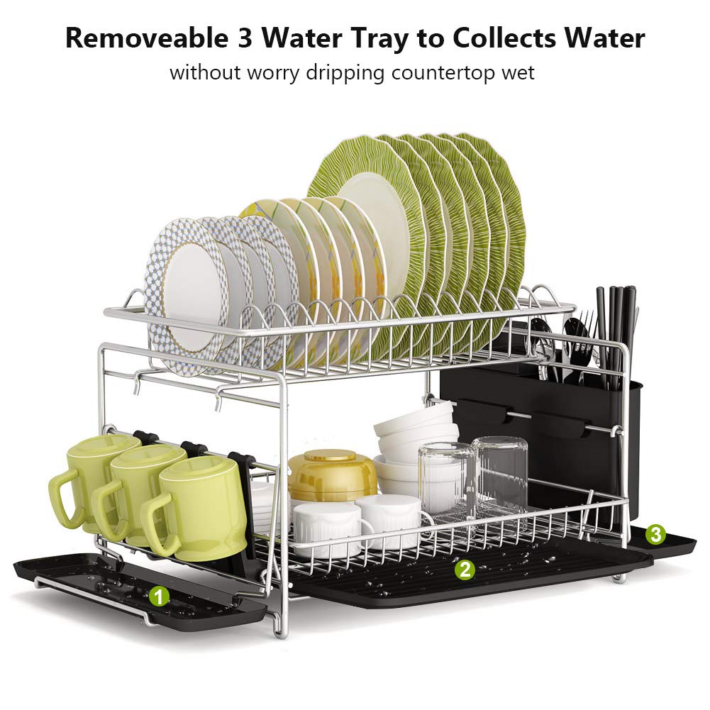 1Easylife Dish Drying Rack, 2 Tier Large Kitchen Dish Rack with Removable Drainboard, Utensil Holder and Cup Holder, Rustproof Nano Coating Dish Drainer